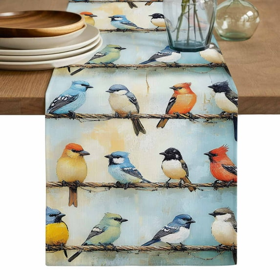 Colorful Birds Oil Painting Table Runner, Retro Spring Birds Animals ...