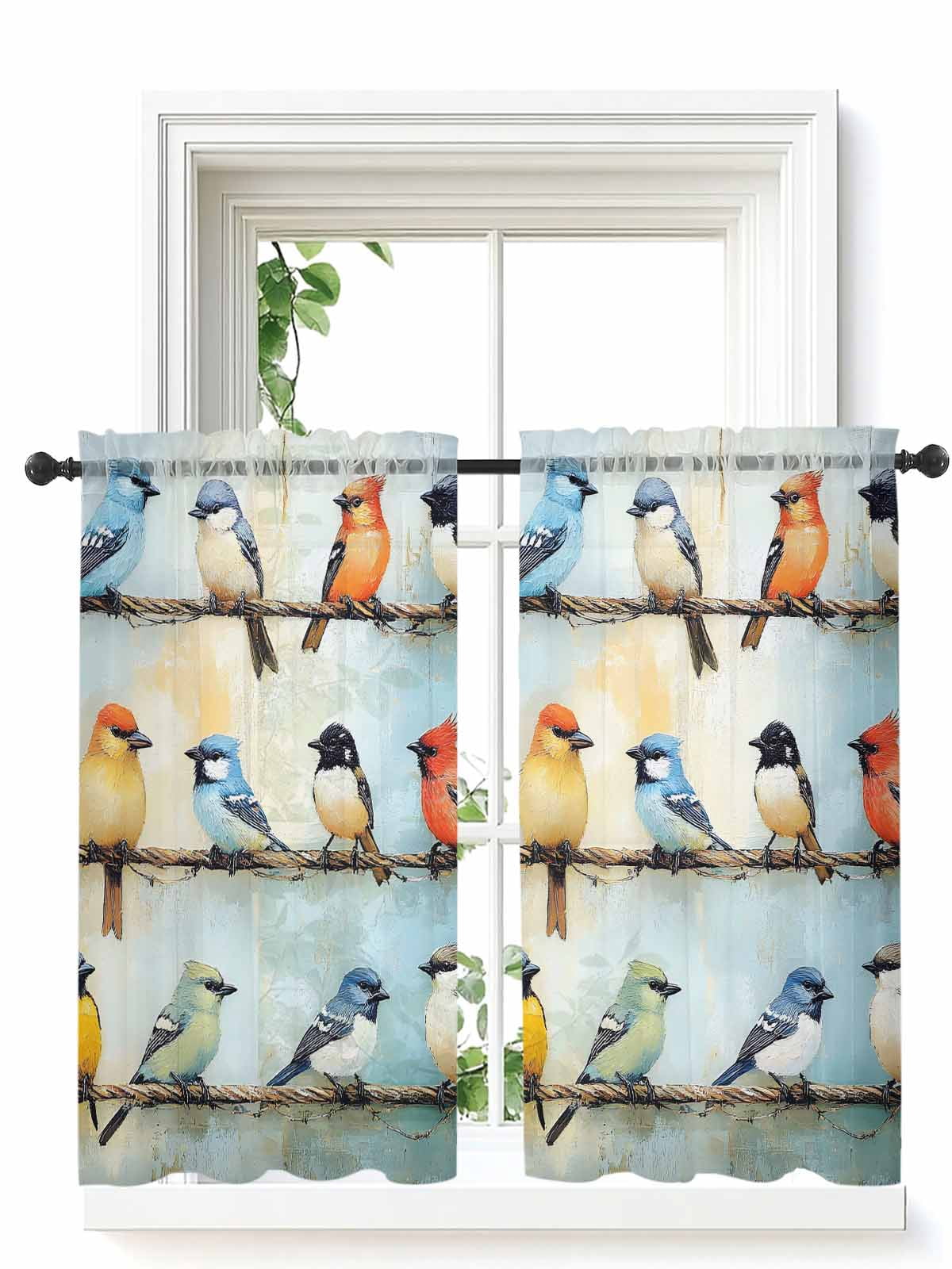 Colorful Birds Oil Painting Tier Curtains 45 Inch Length,Sheer Curtains ...