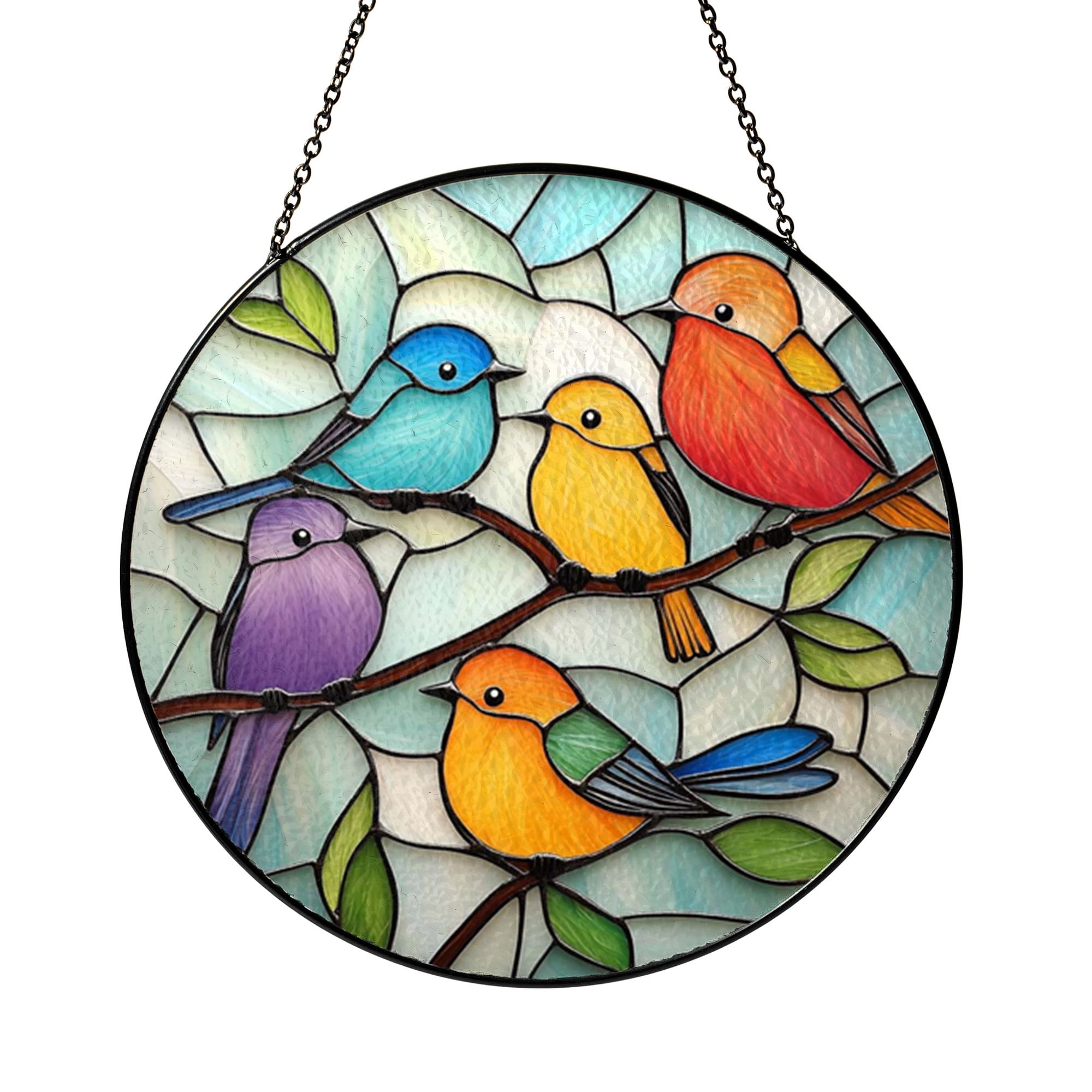 Colorful Birds On Branch Stained Glass Style Suncatcher, Nature ...