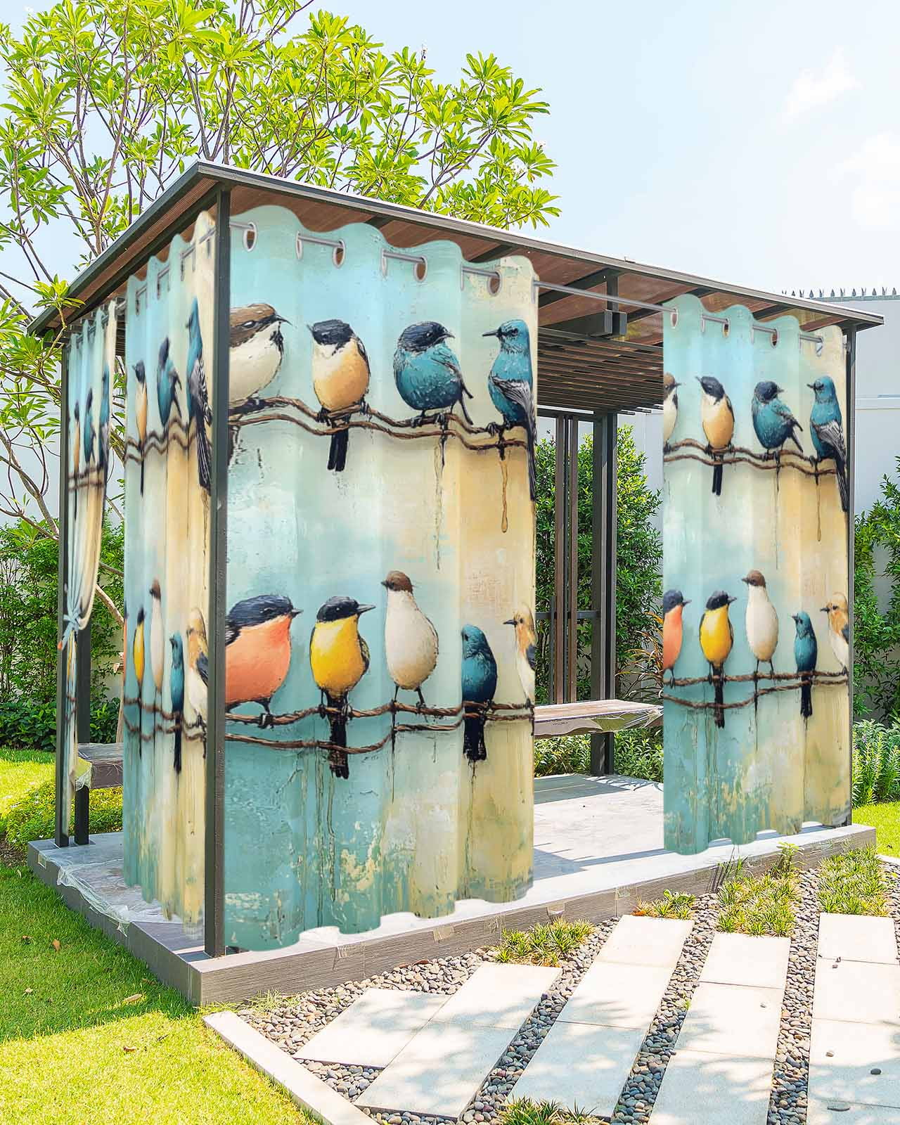 Colorful Birds Outdoor Curtains for Patio, Spring Red Yellow Blue ...