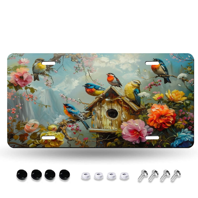 Colorful Birds Perching Around a Wooden Birdhouse License Plate Frame ...
