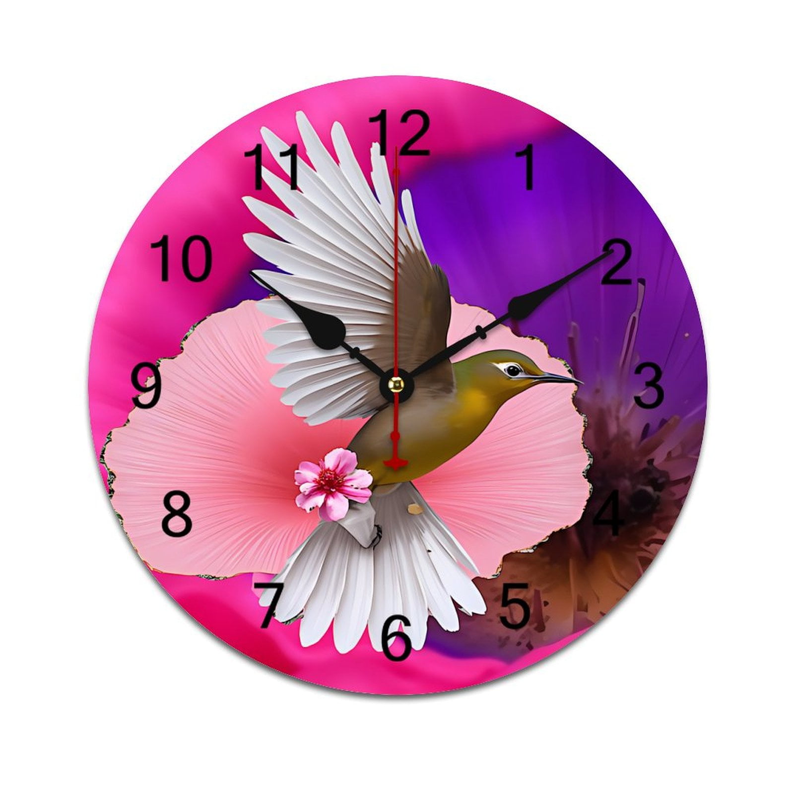 Colorful Birds Pink Flower Printed Silent Wall Clock Round Kitchen ...