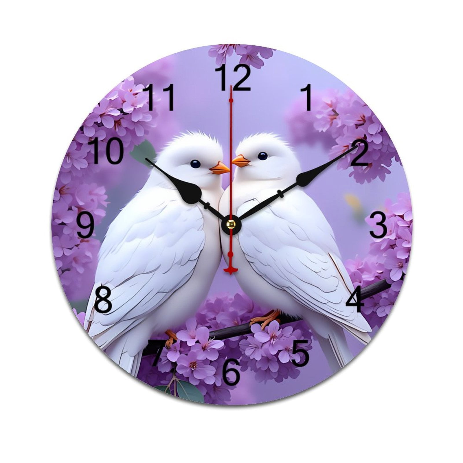 Colorful Birds Pink Flower Printed Silent Wall Clock Round Kitchen ...