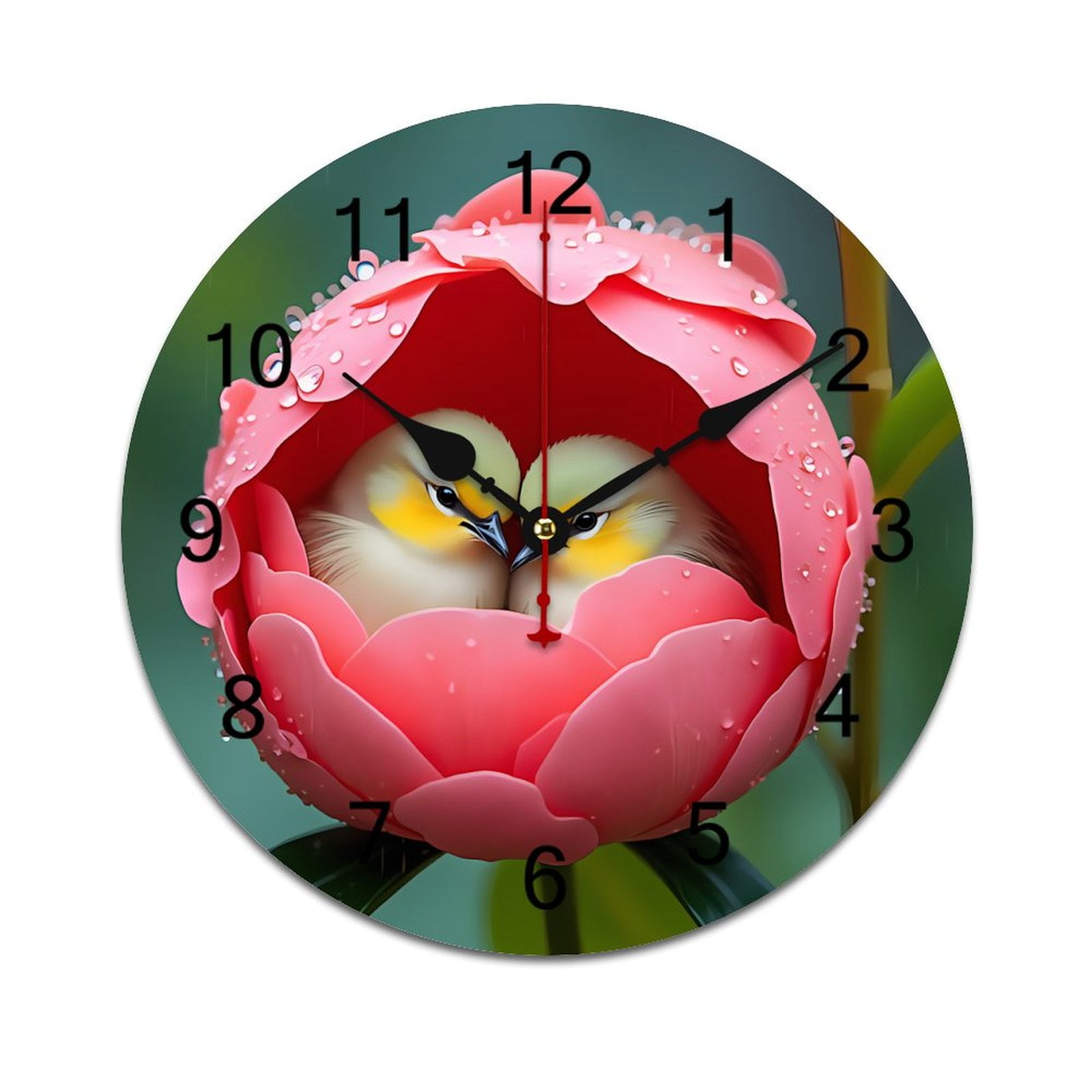 Colorful Birds Pink Flower Printed Silent Wall Clock Round Kitchen ...