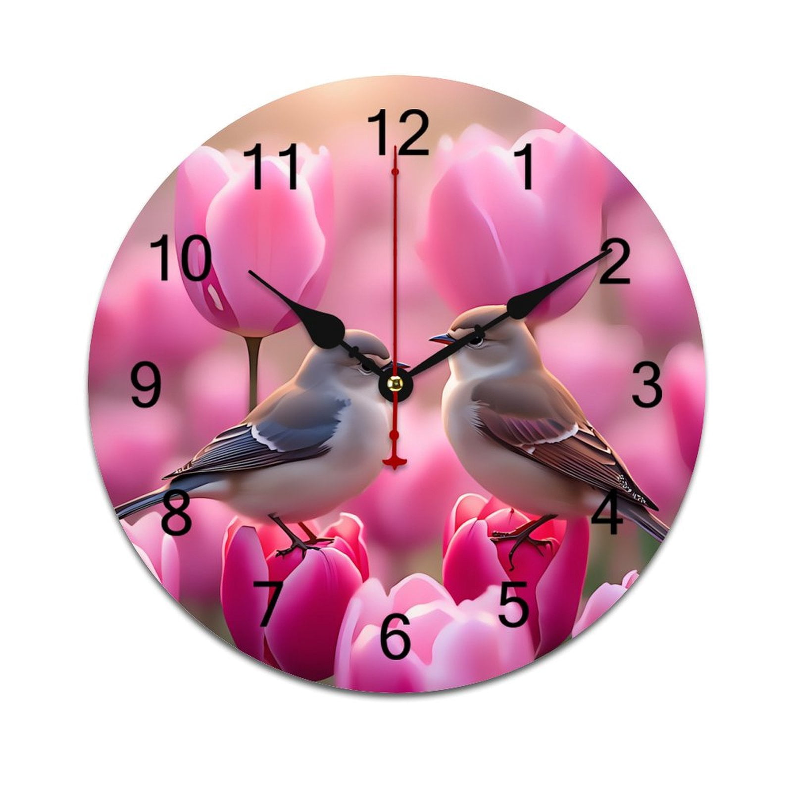 Colorful Birds Pink Flower Printed Silent Wall Clock Round Kitchen ...