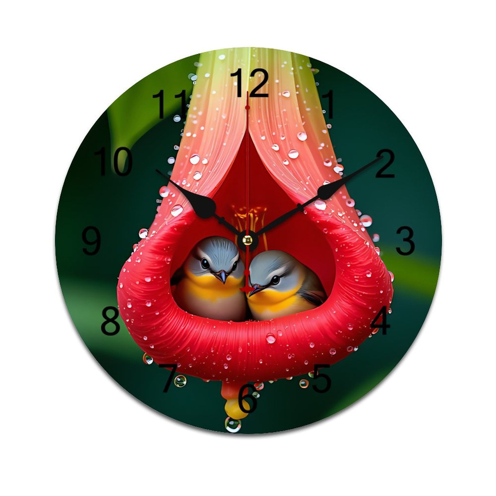 Colorful Birds Pink Flower Printed Silent Wall Clock Round Kitchen ...