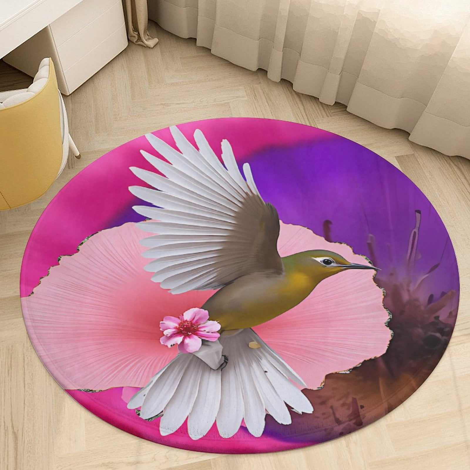 Colorful Birds Pink Flower Round Area Rugs for Bedroom Living Room, 5FT ...