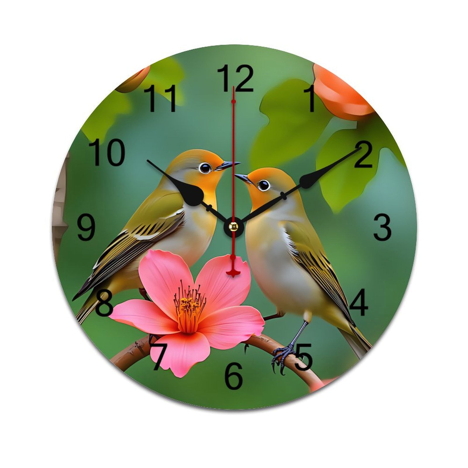 Colorful Birds Pink Flower Time Decorative Wall Clocks Round Large Wall ...