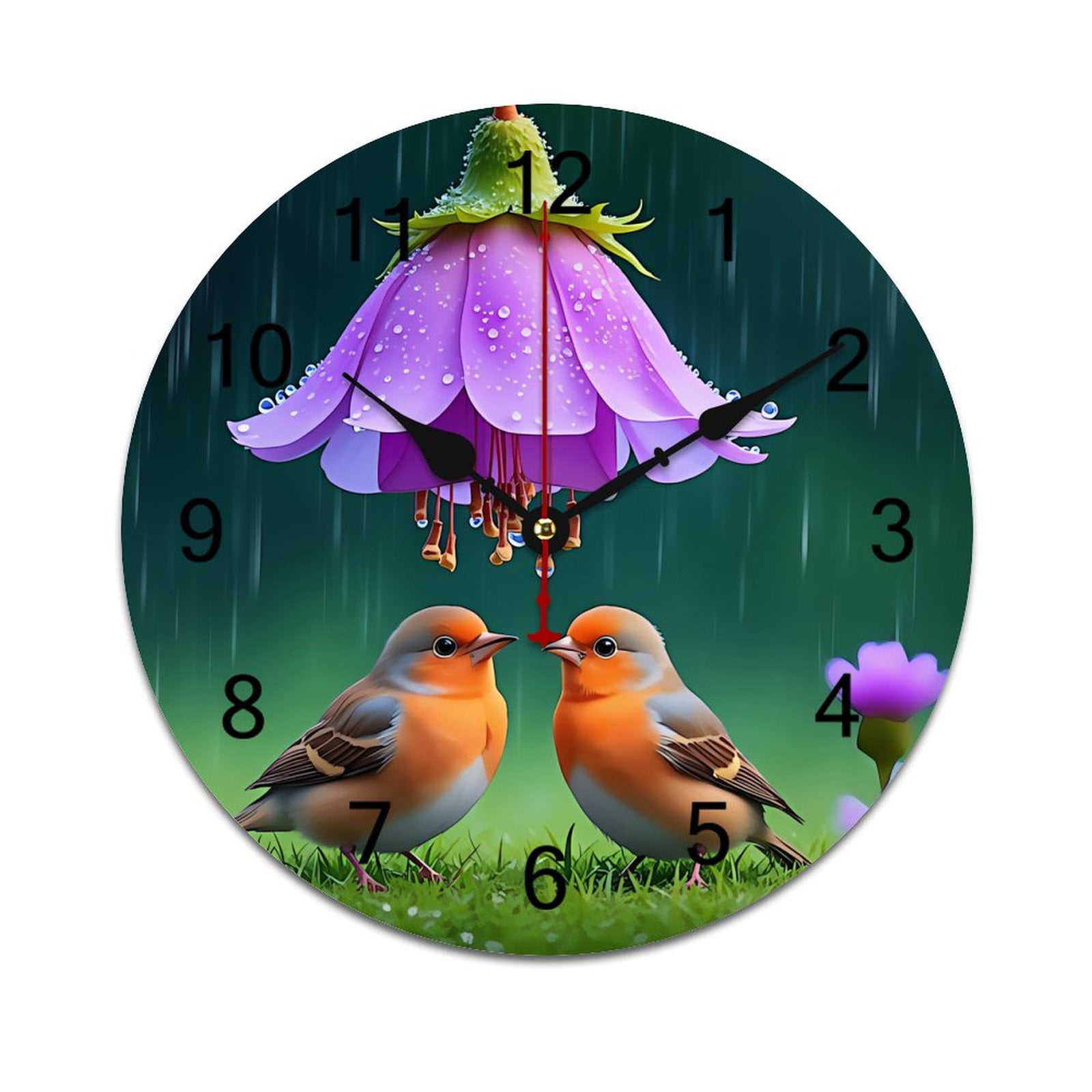 Colorful Birds Pink Flower Time Decorative Wall Clocks Round Large Wall ...