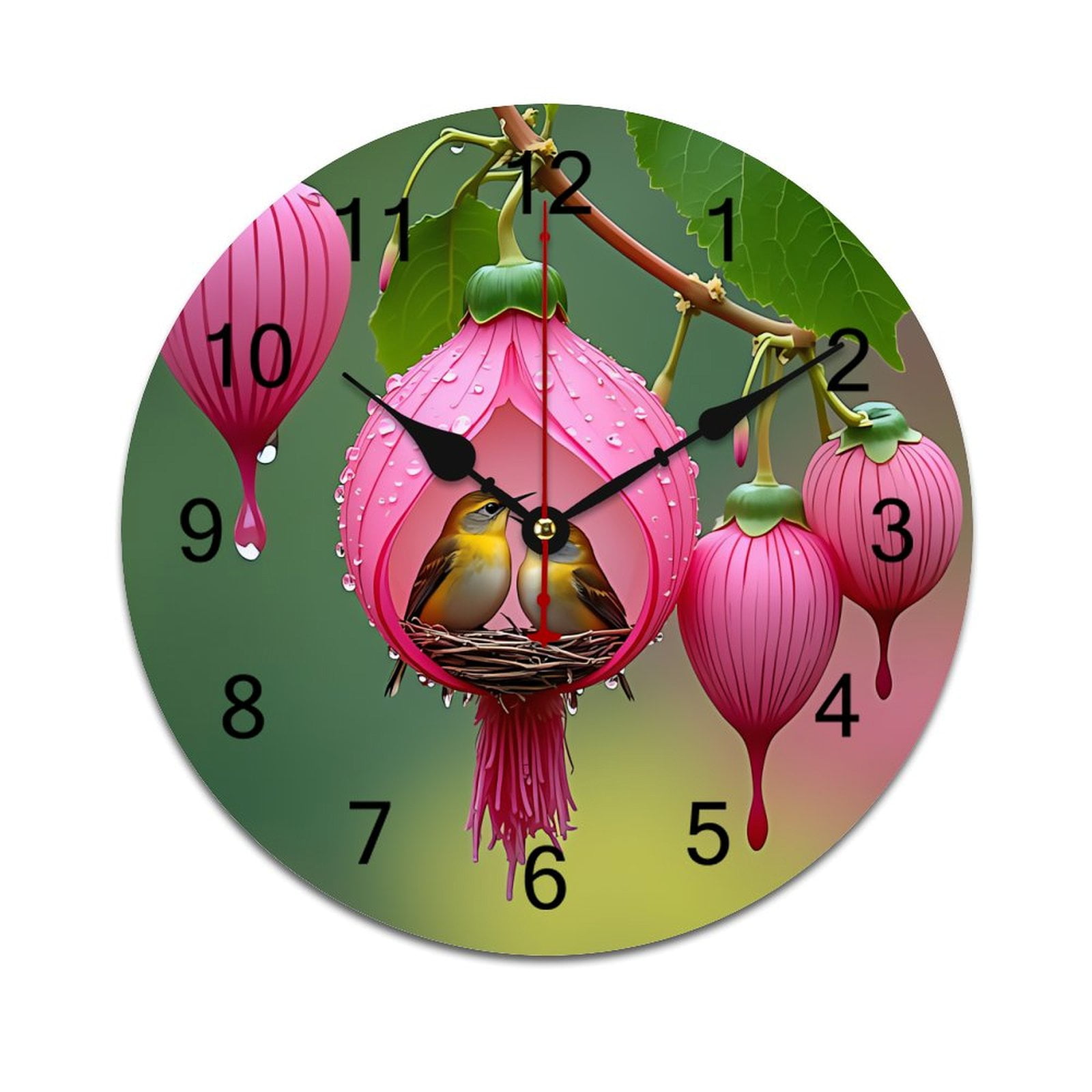 Colorful Birds Pink Flower Time Decorative Wall Clocks Round Large Wall ...
