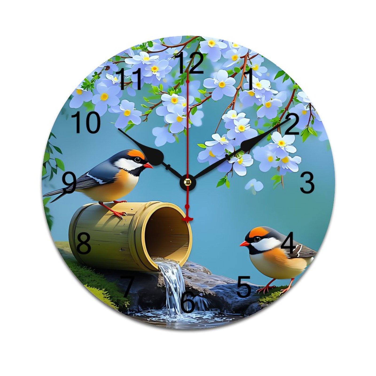 Colorful Birds Pink Flower Time Decorative Wall Clocks Round Large Wall ...