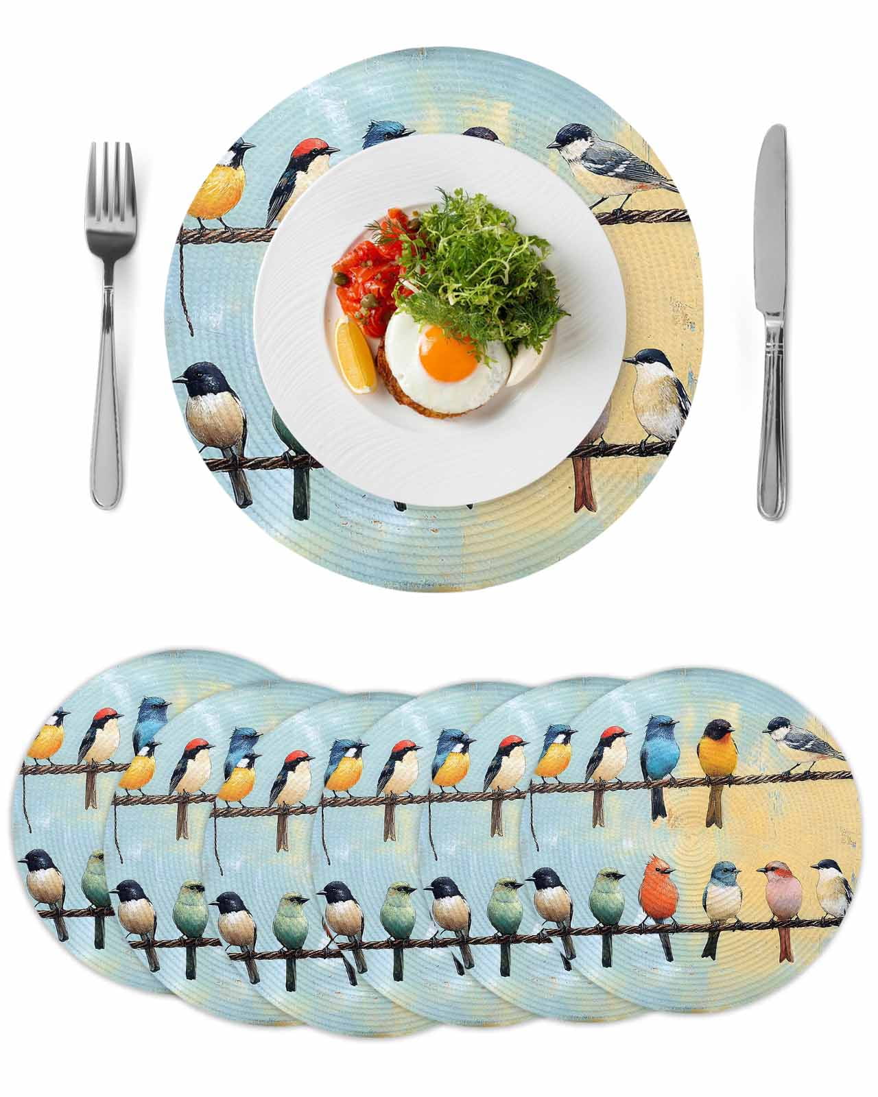 Colorful Birds Round Table Placemats set of 6, Blue Teal Yellow Red ...