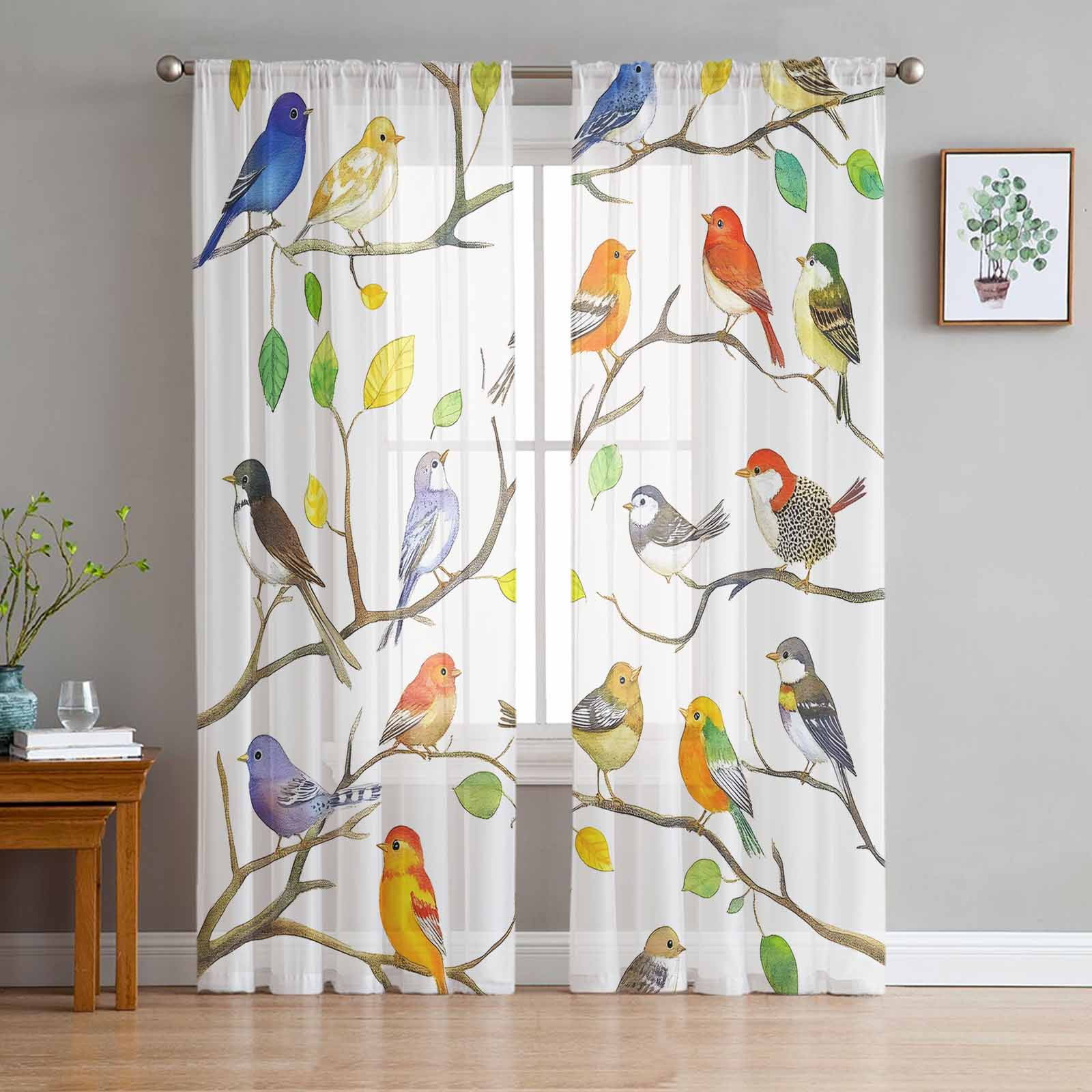 Colorful Birds Semi Sheer Curtains 72 Inch Length 2 Panels Set, Branch ...