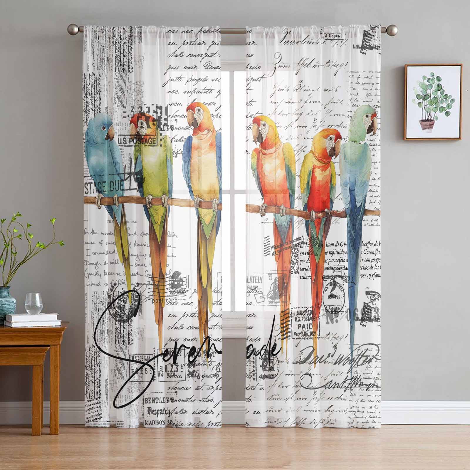 Colorful Birds Semi Sheer Curtains 96 Inch Length 2 Panels Set, Vintage ...