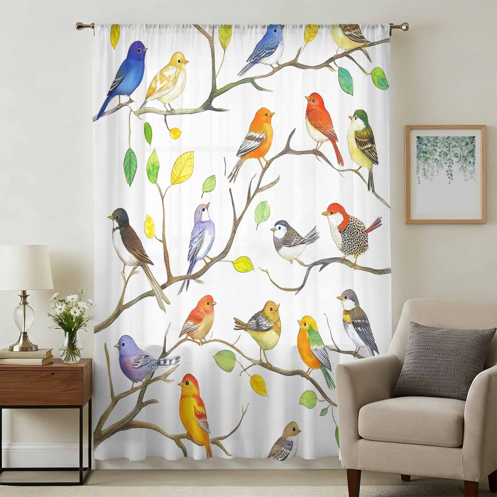 Colorful Birds Sheer Curtains 72 Inches Long, Branch Animal Spring ...