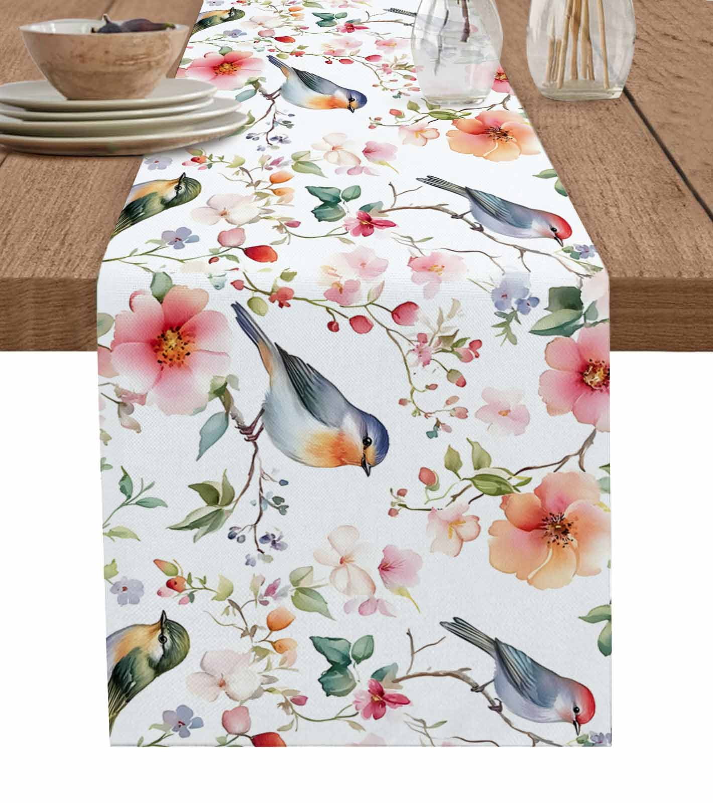 Colorful Birds Table Runner 60 Inches, Spring Garden Tree Branch Floral ...