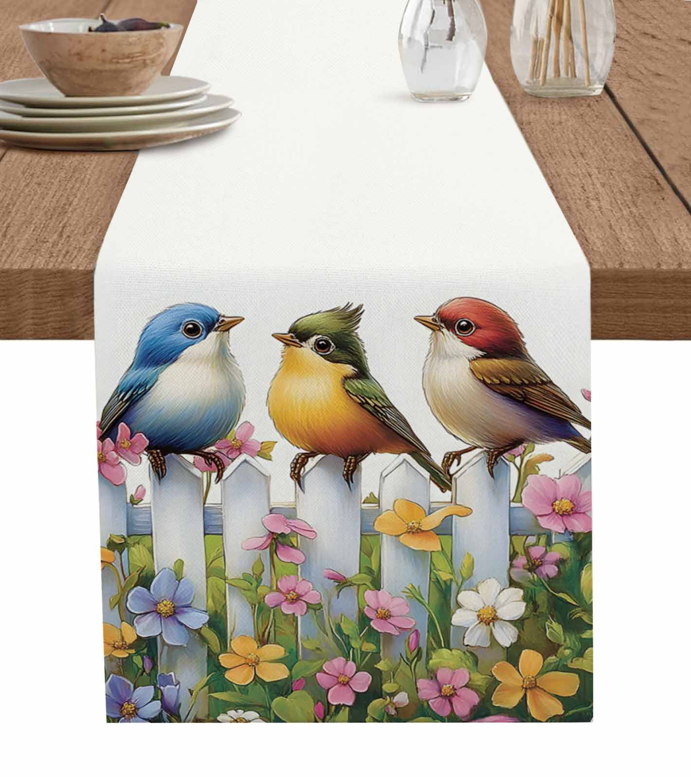 Colorful Birds Table Runner 70 Inches, Rustic Watercolor Floral Flowers ...