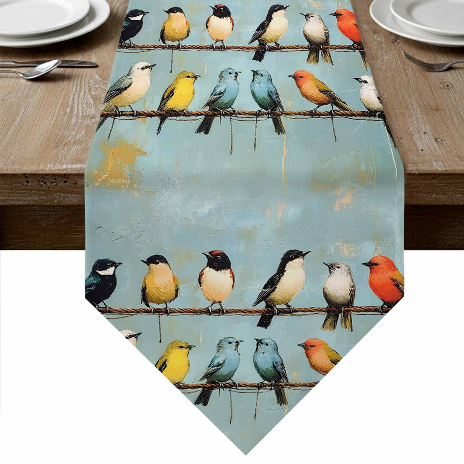 Colorful Birds Table Runner Linen Burlap Table Runner 108 Inches Long ...