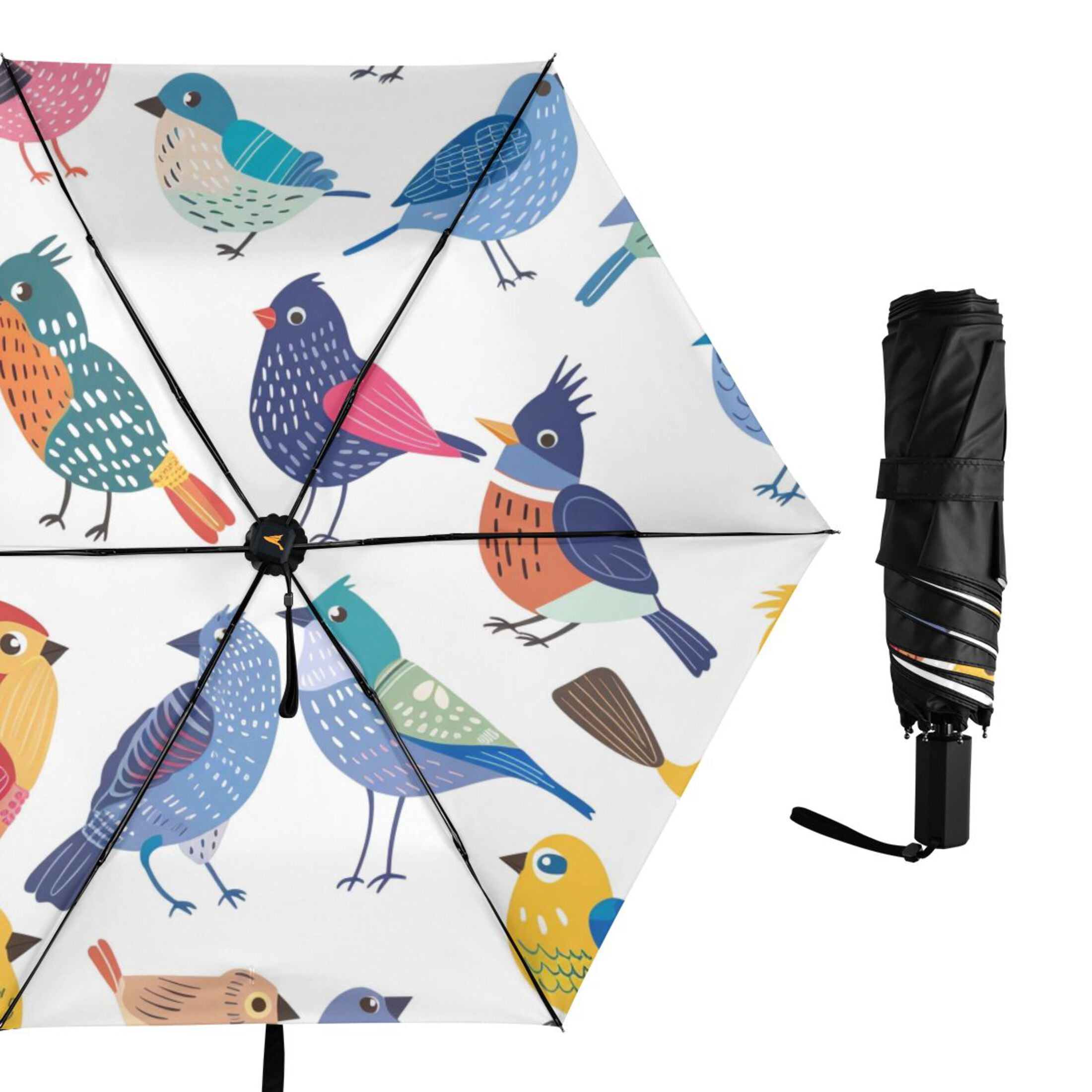 Colorful Birds Triple Folding Umbrella Parasol 6 Ribs UV Protection ...