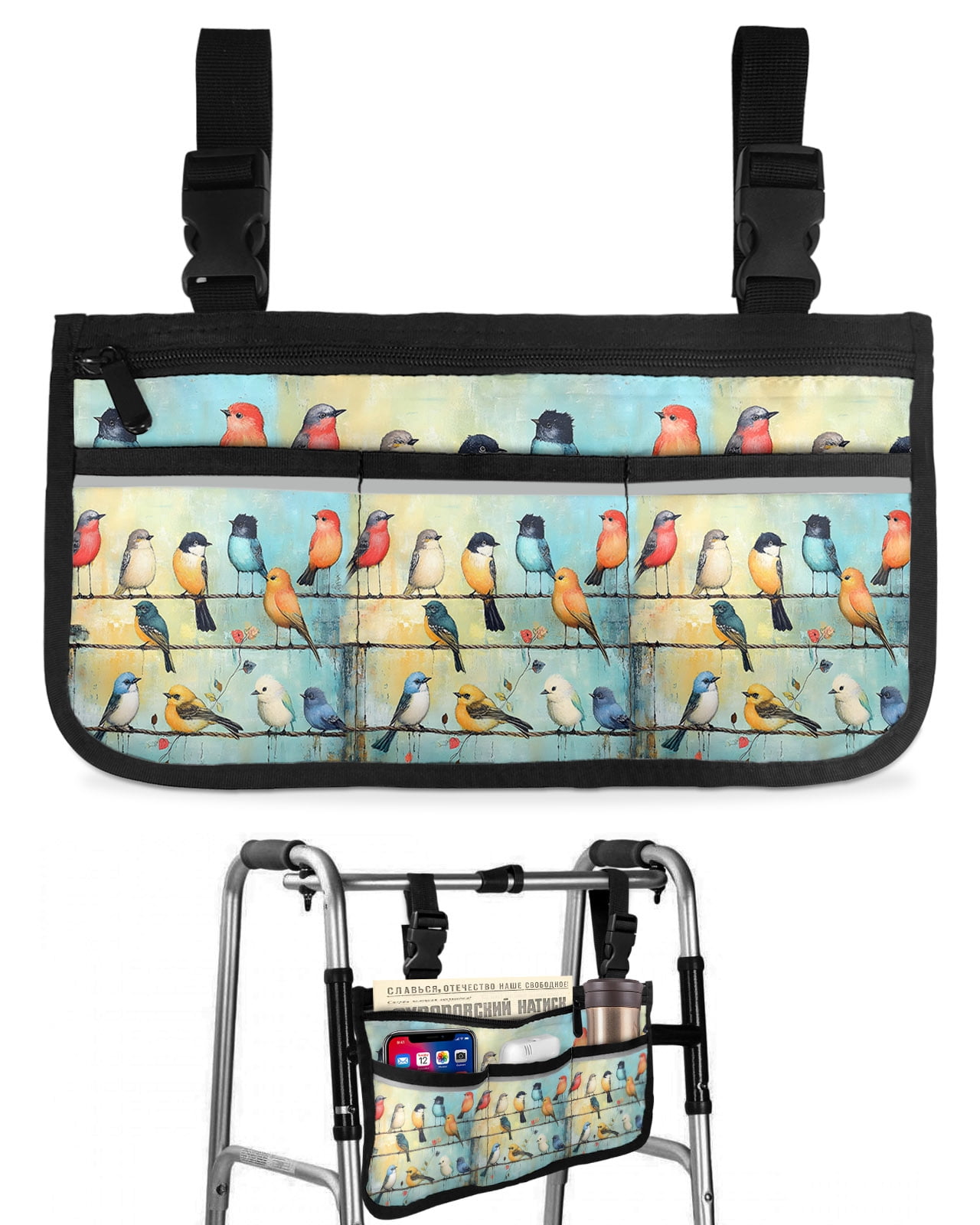Colorful Birds Wheelchair Bag with Cup Holder Walker Bag with ...