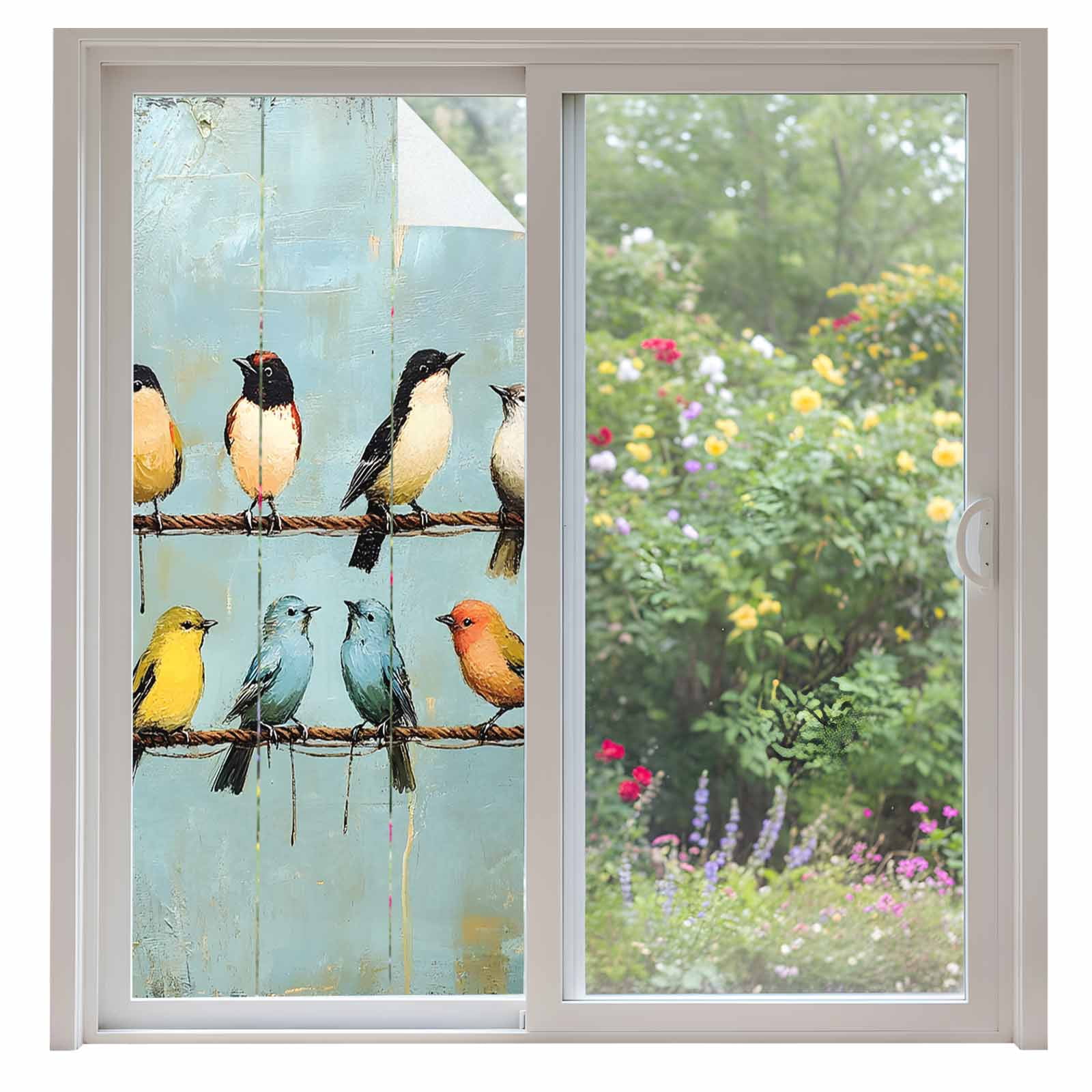 Colorful Birds Window Privacy Film, Spring Animal Modernism Painting ...