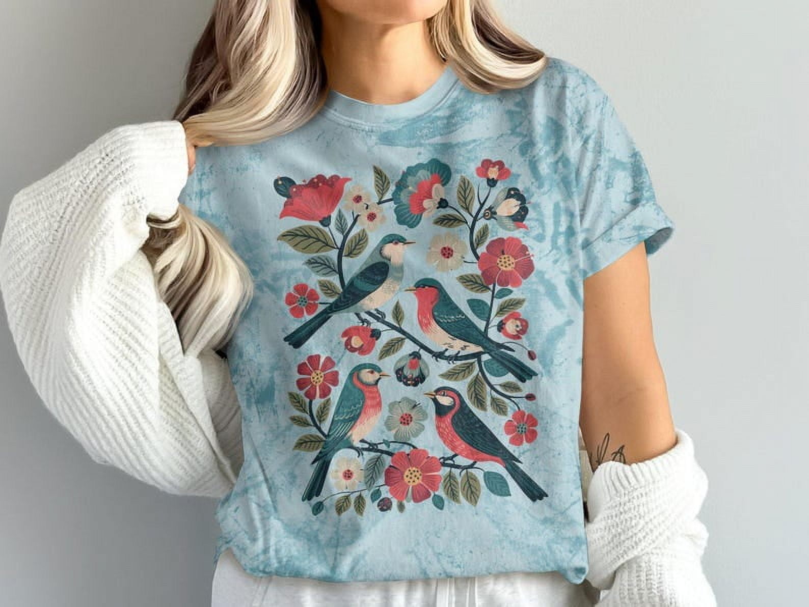 Colorful Birds and Floral Scandinavian Folk Art Cottagecore Design T ...