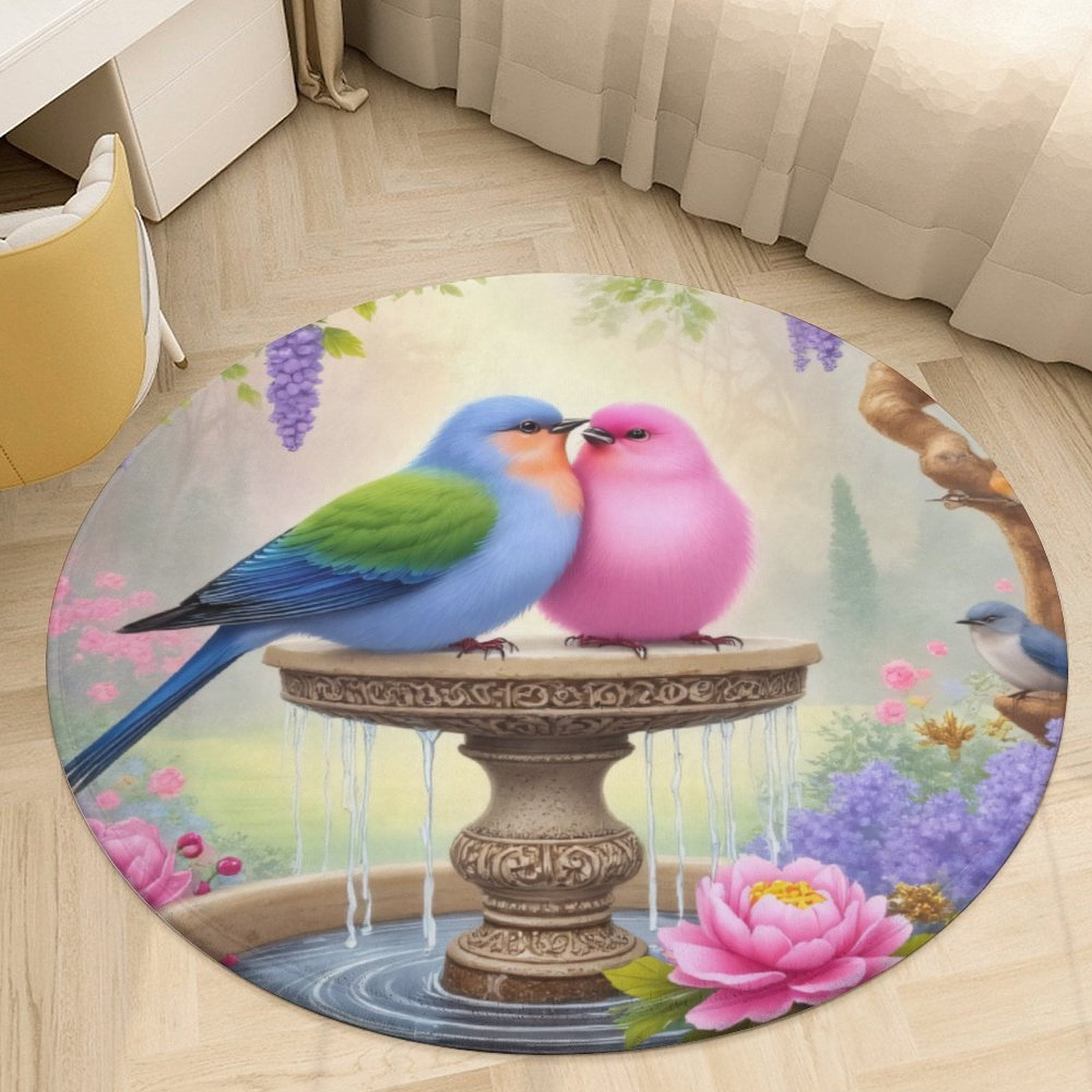 Colorful Birds in Garden Fountain Round Area Rugs for Bedroom Living ...