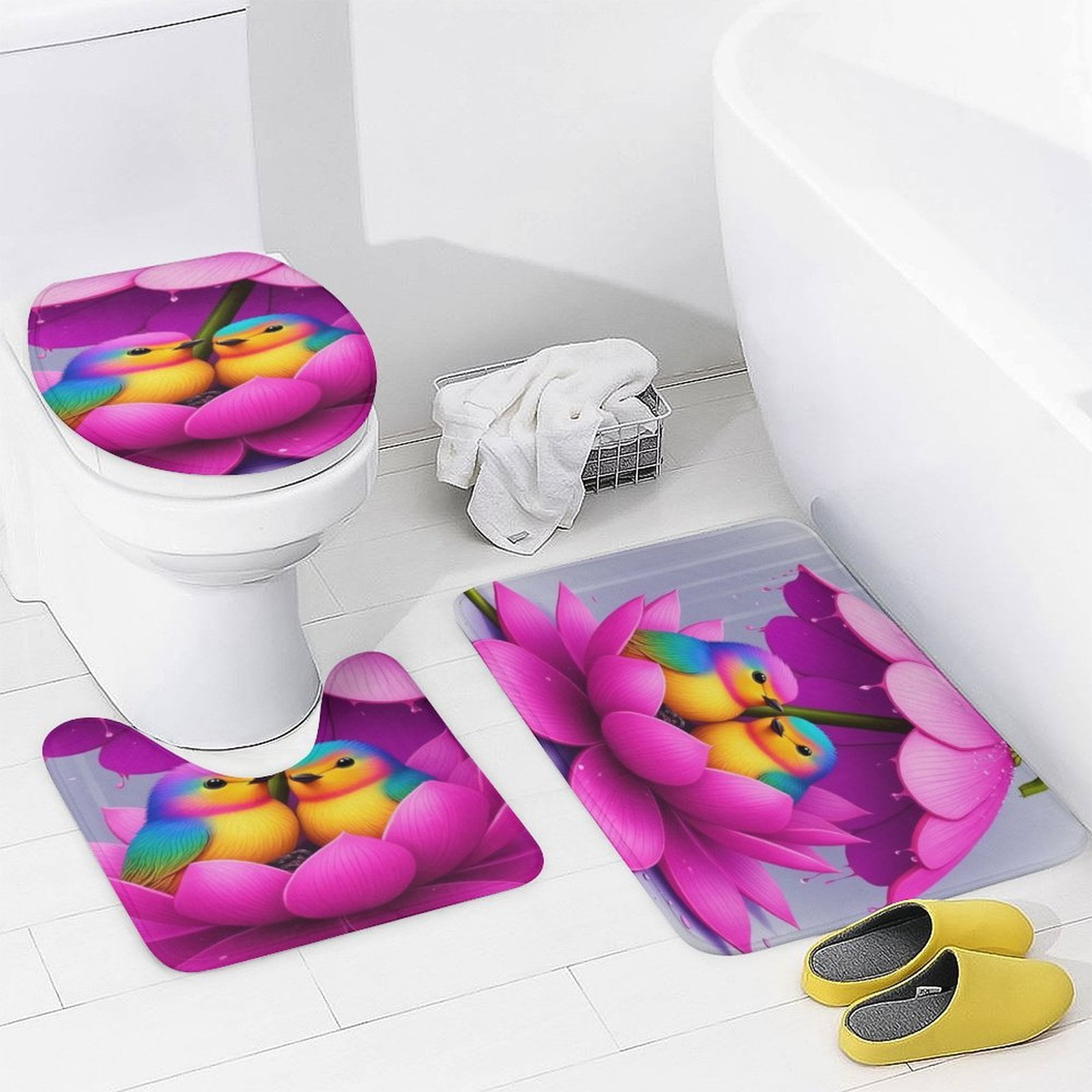 Colorful Birds in Pink Lotus Bathroom Mats Sets 3 Piece, Bath Mat Earth ...