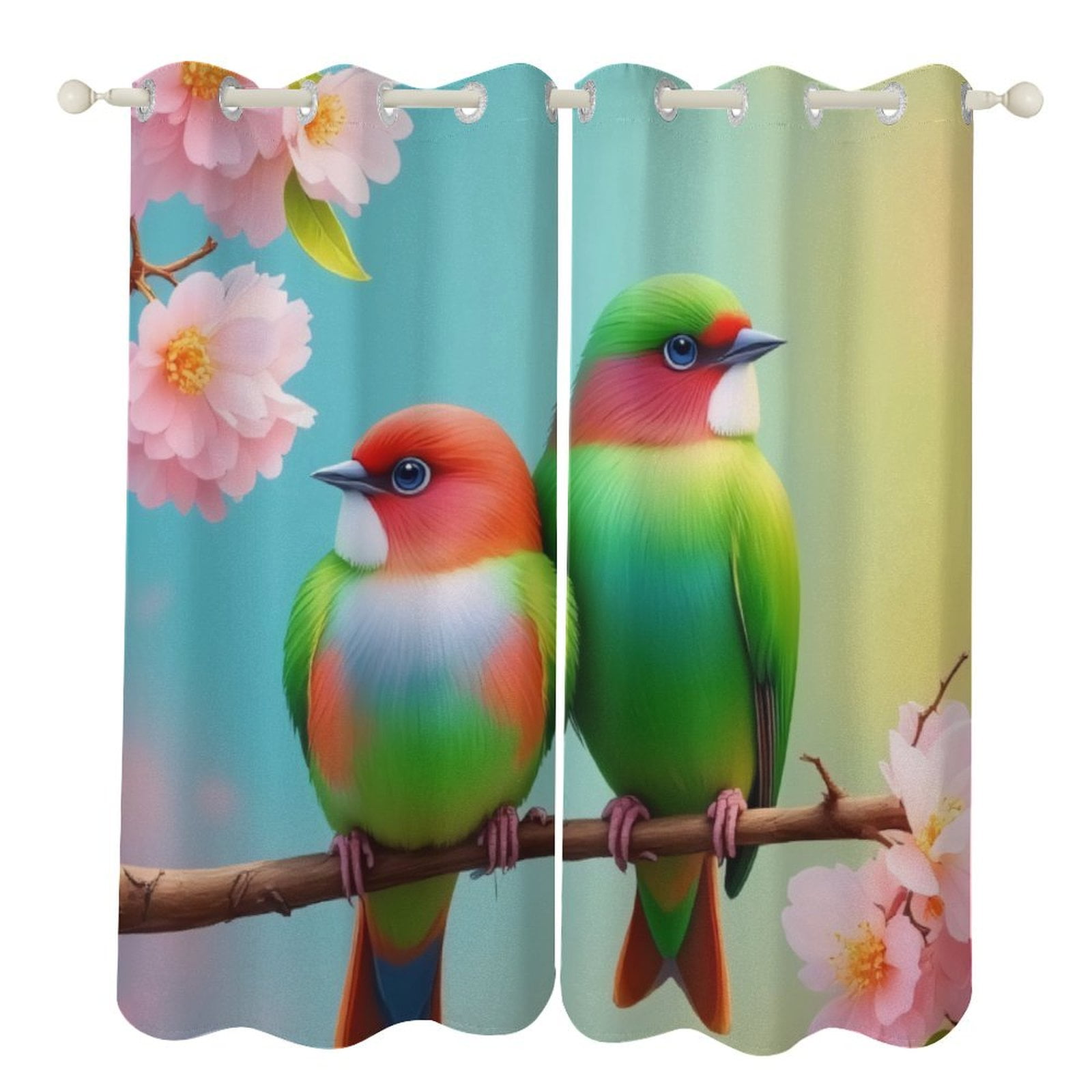 Colorful Birds on Cherry Blossom Branch 2 Panels Curtains for Bedroom ...