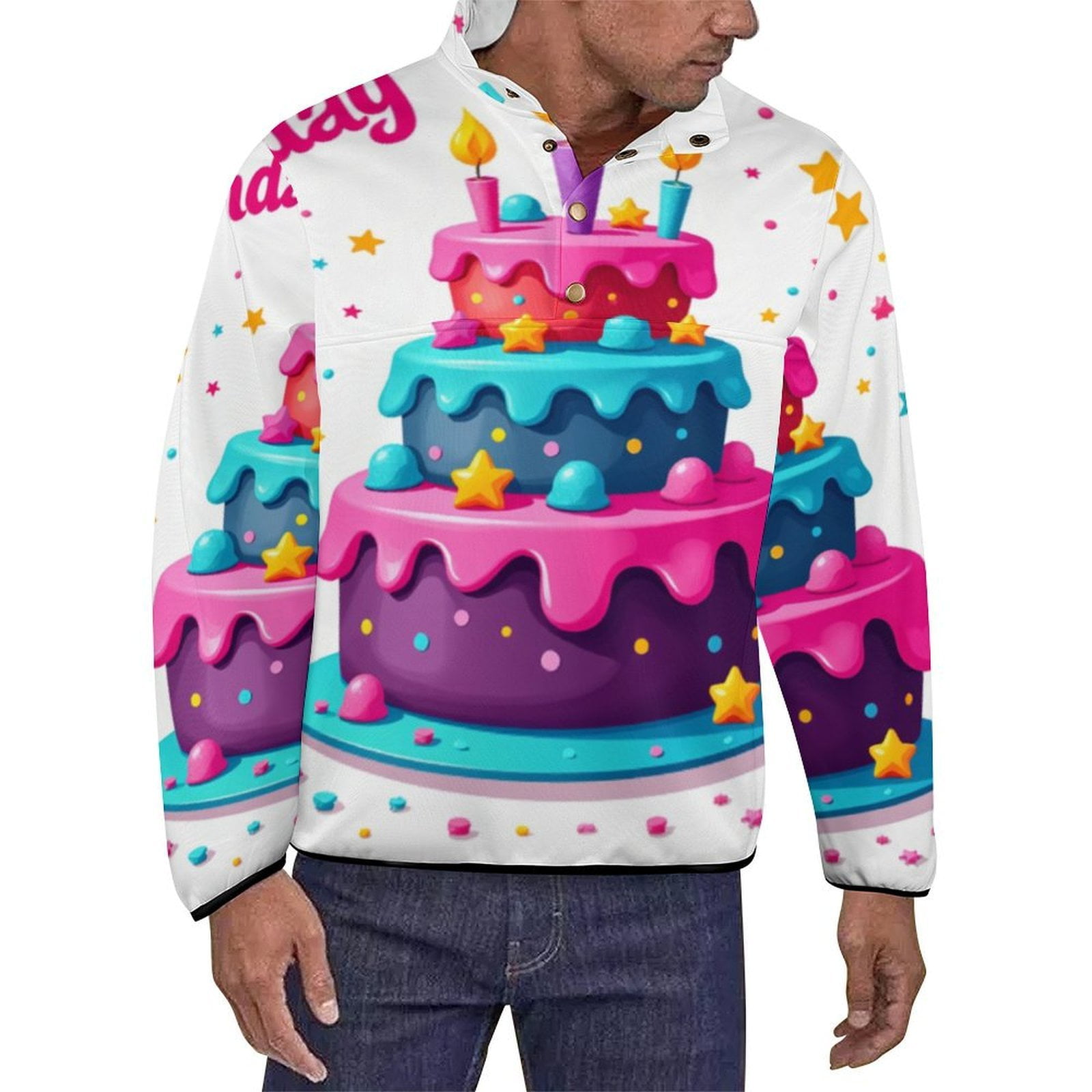 Colorful Birthday Cake Image Men's Stand Collar Sweater Long Sleeve ...