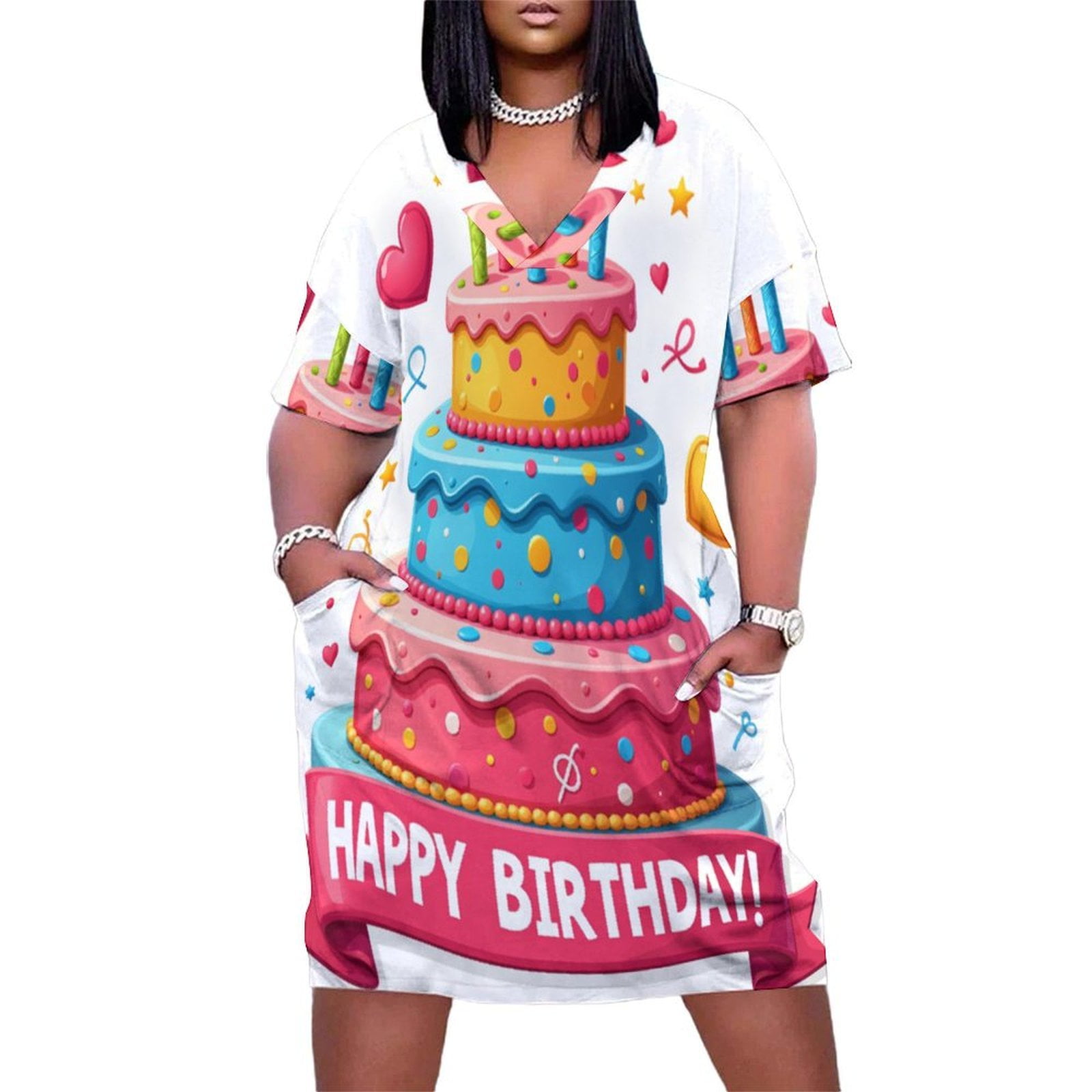 Colorful Birthday Cake with Candles Loose Pocket Dress Dresses Summer ...