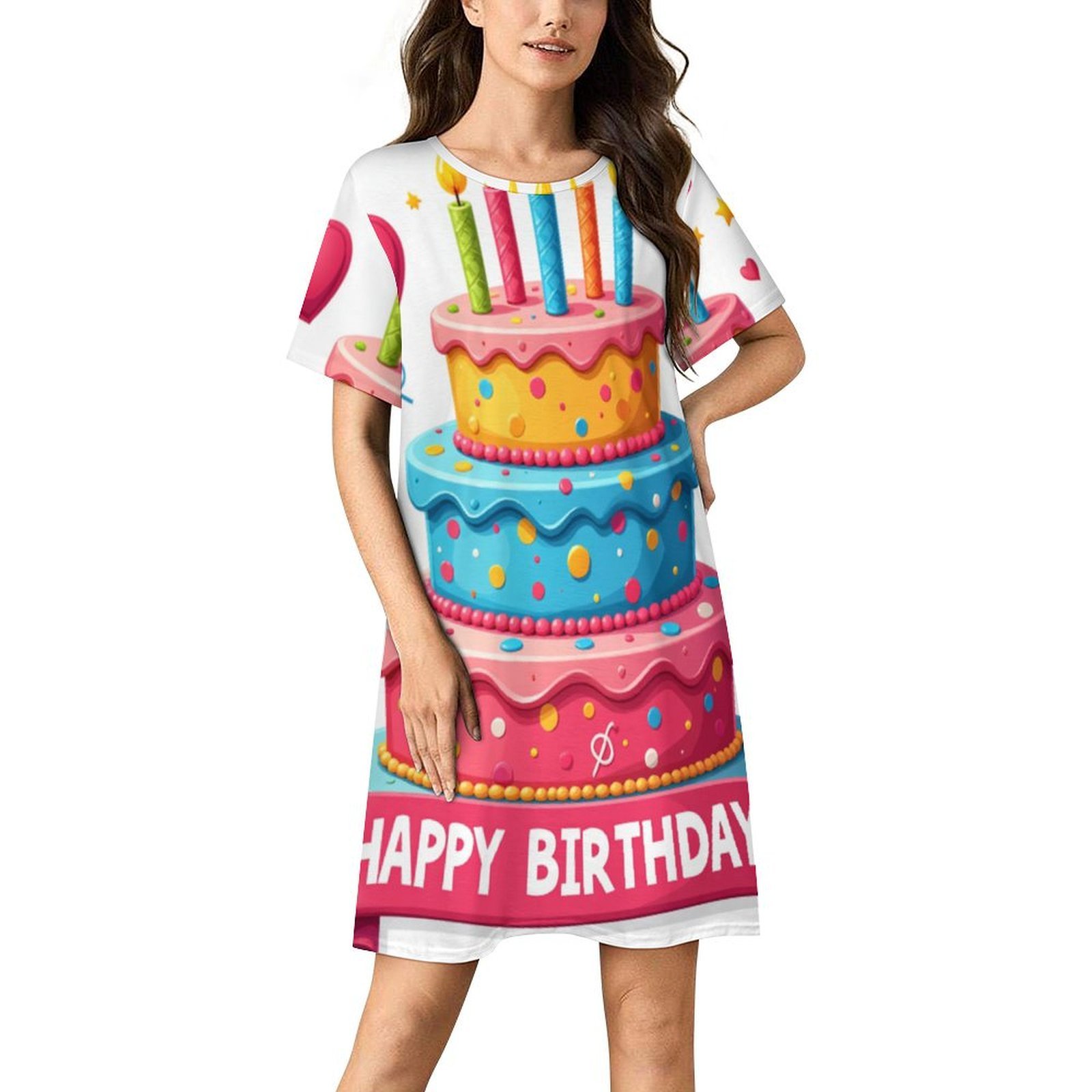 Colorful Birthday Cake with Candles Women Nightgown Sleepwear Short ...