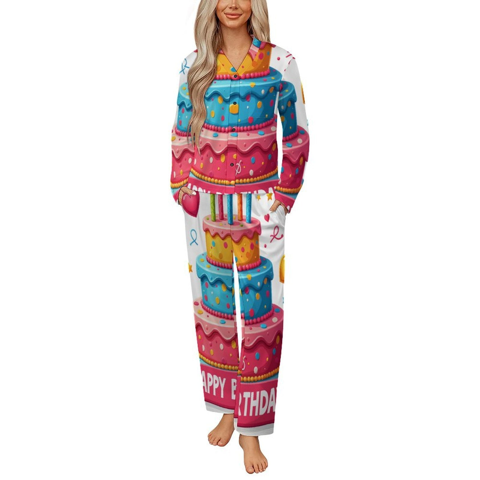 Colorful Birthday Cake with Candles Womens Pyjamas Set Button Up ...