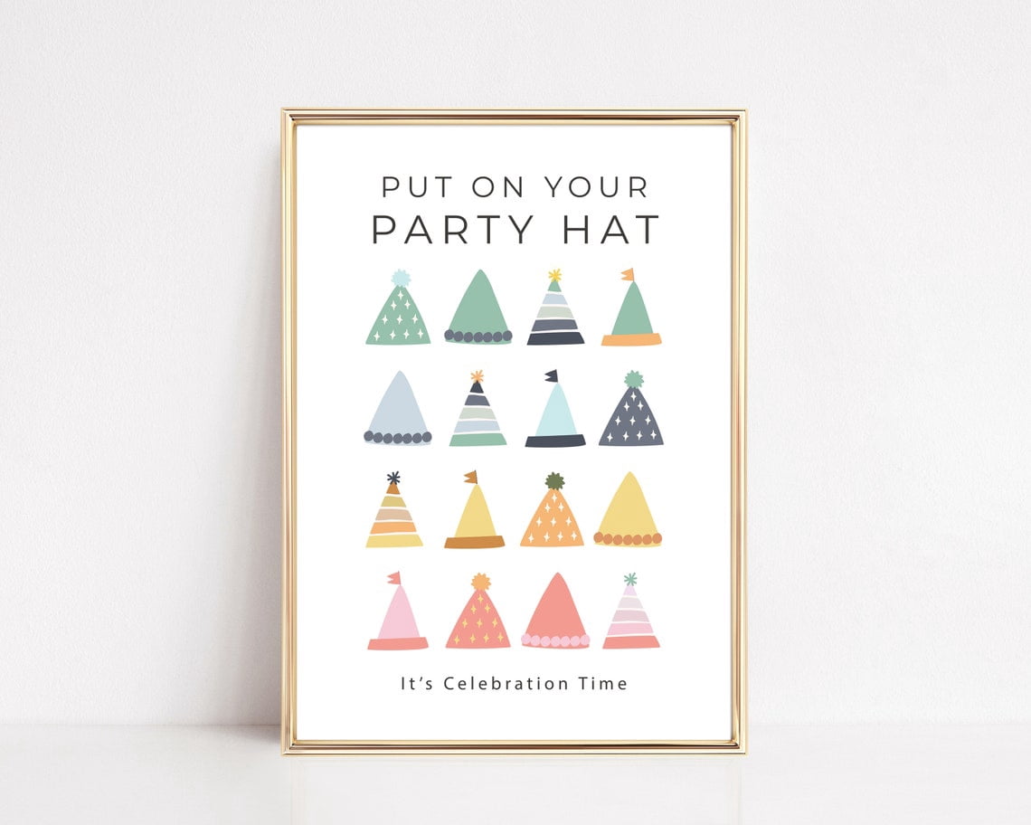 Colorful Birthday Hat Wall Art Party Decor, Unframed Paper Print Size ...