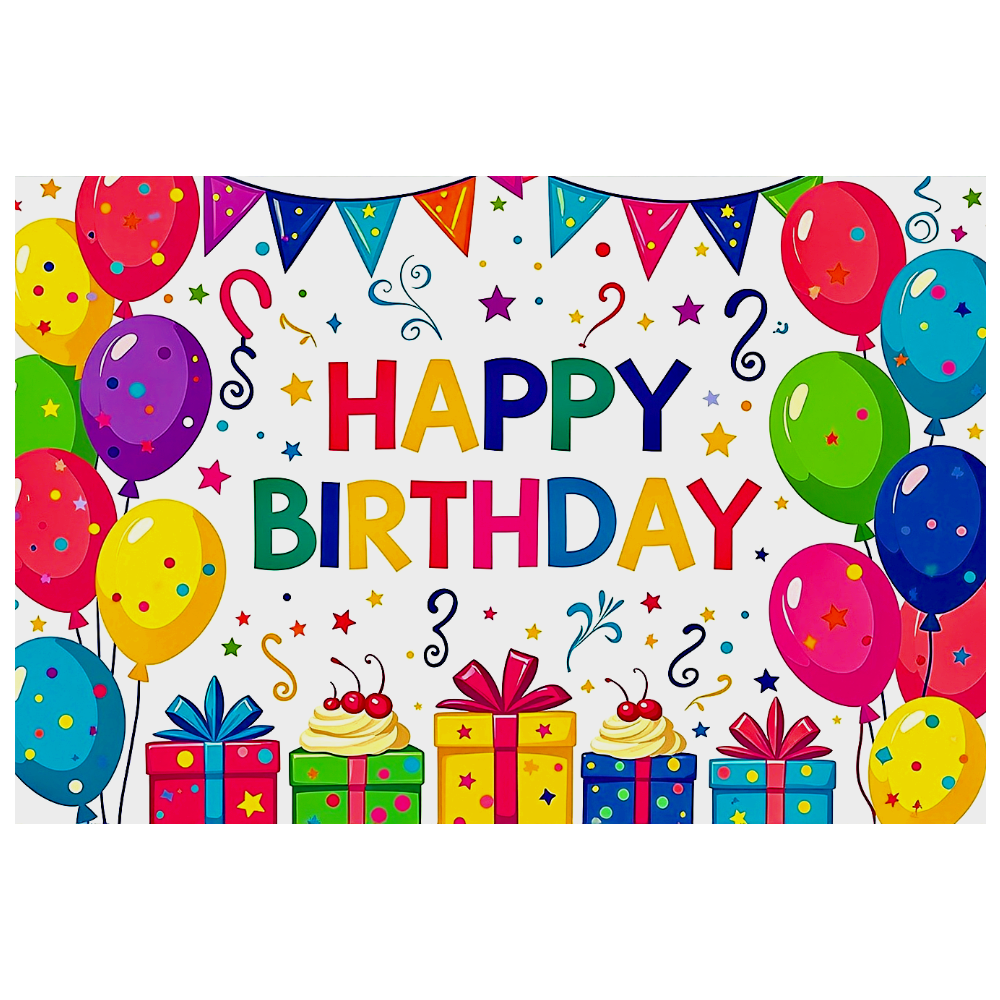 Colorful Birthday Theme Backdrop Banner with Balloons Gifts and Stars ...