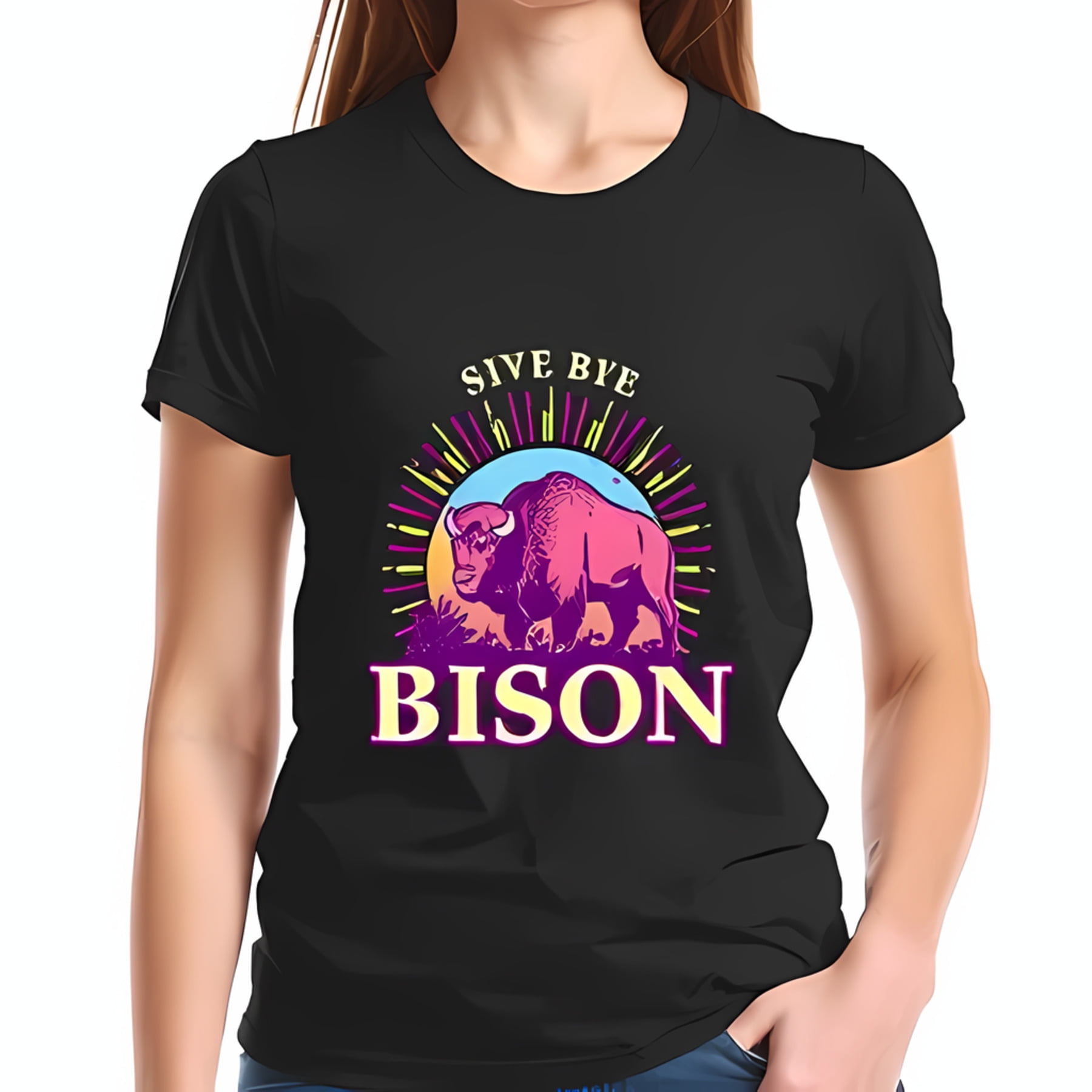Colorful Bison Graphic Cotton Short Sleeve T-Shirt with 'SIVE BYE BISON ...