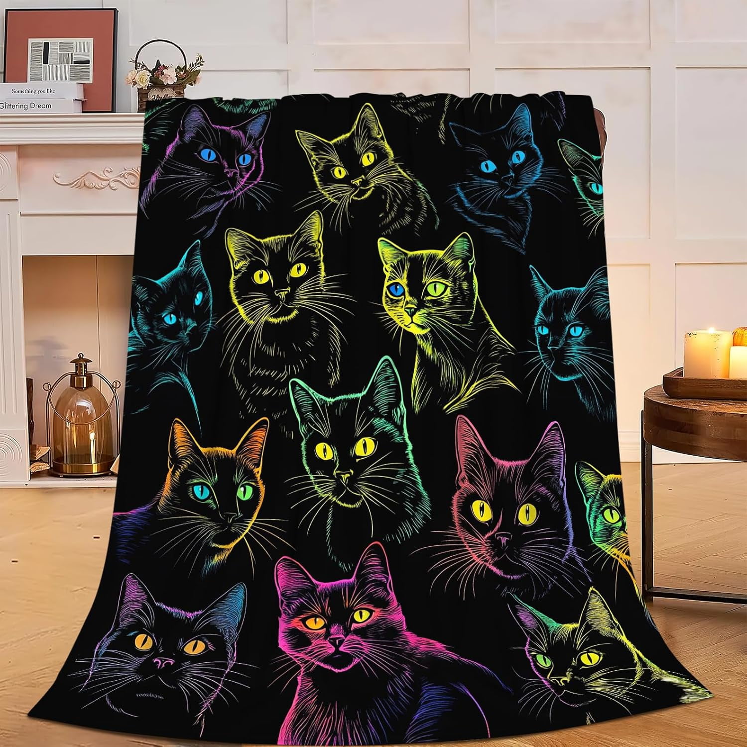 Colorful Black Cat Flannel Blanket for Cat Lovers Kids Adults Funny Cat ...
