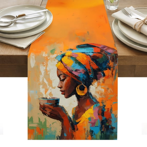 Colorful Black Woman Drink Coffee Cotton Linen Table Runner African ...
