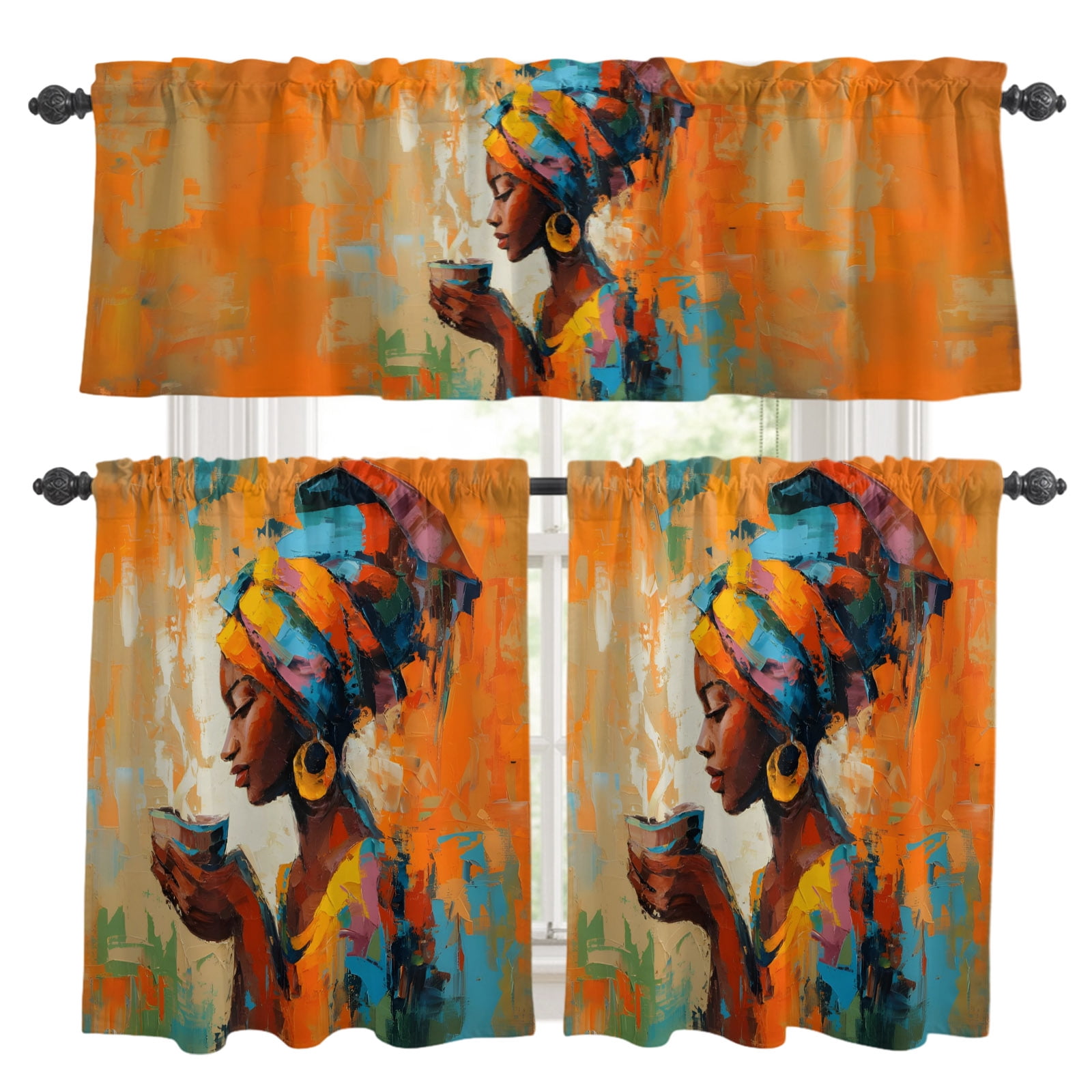 Colorful Black Woman Drink Coffee Kitchen Curtains Set for Windows ...