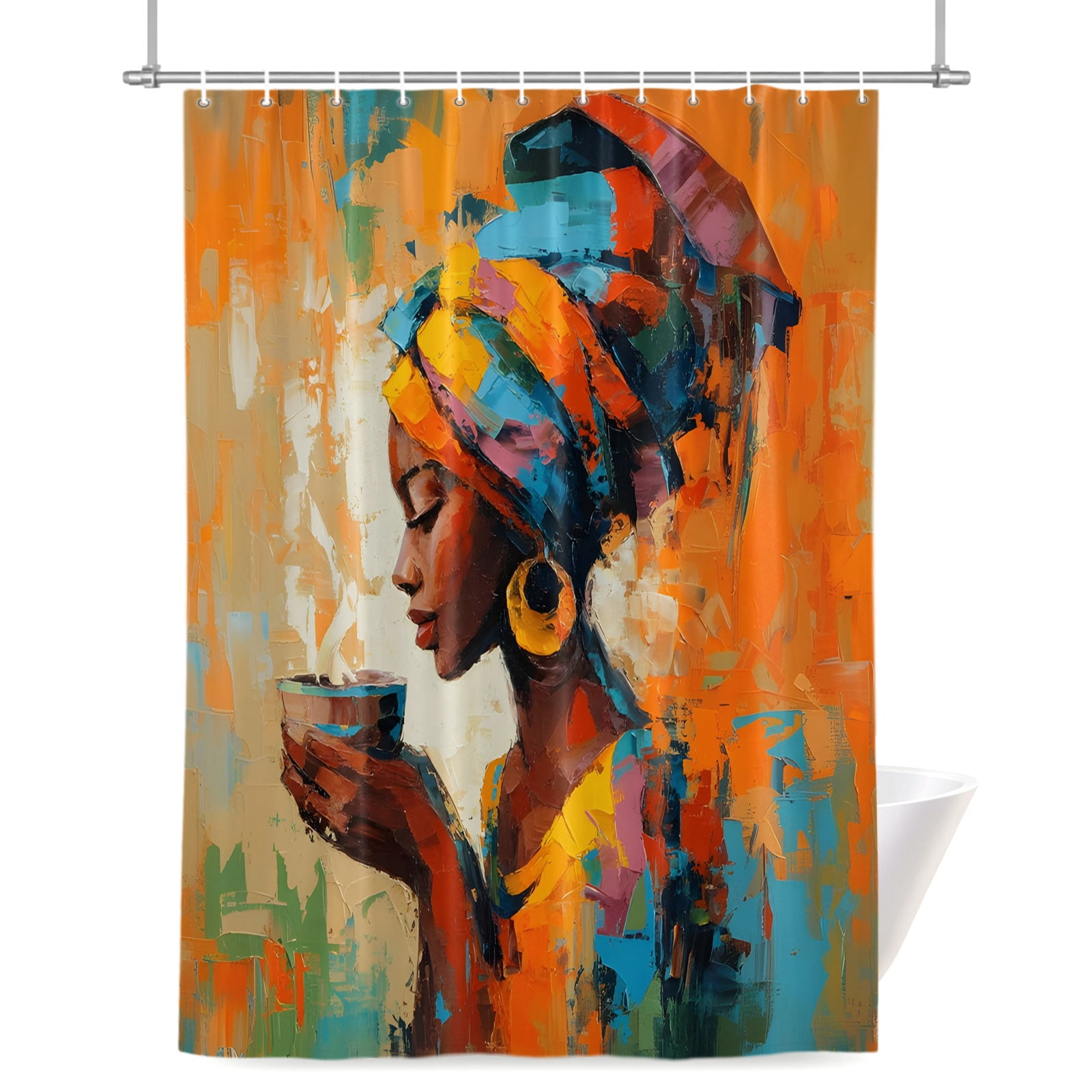 Colorful Black Woman Drink Coffee Shower Curtain, African American ...