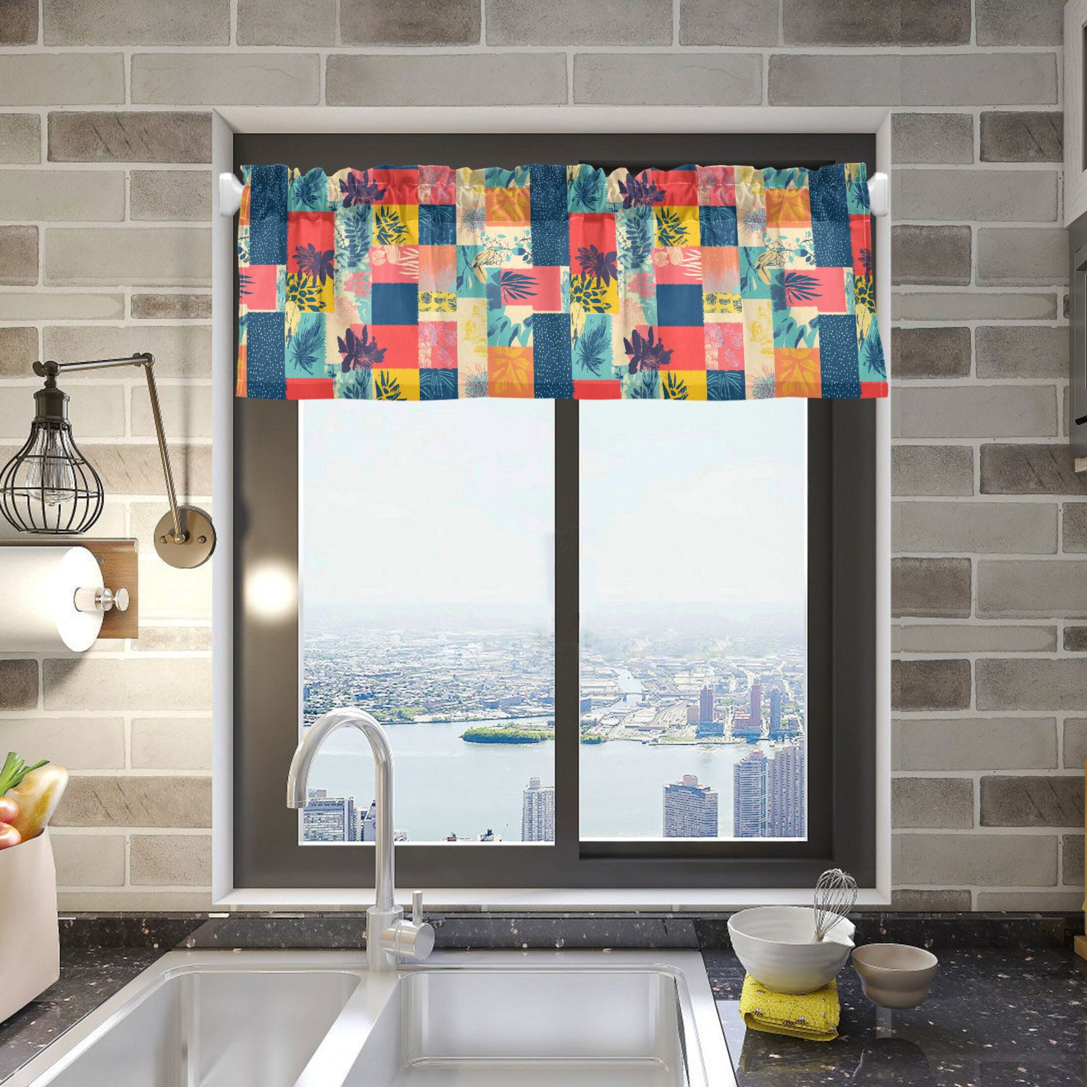Colorful Block Doodle Valance Curtains Rod Pocket for Kitchen Living ...