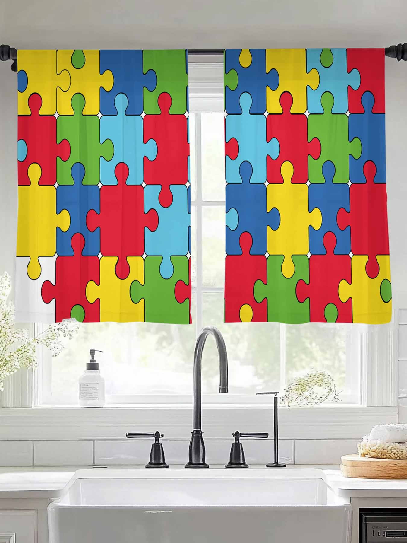 Colorful Blocks Sheer Curtains 45 Inches Long 2 Panels Modern Abstract ...