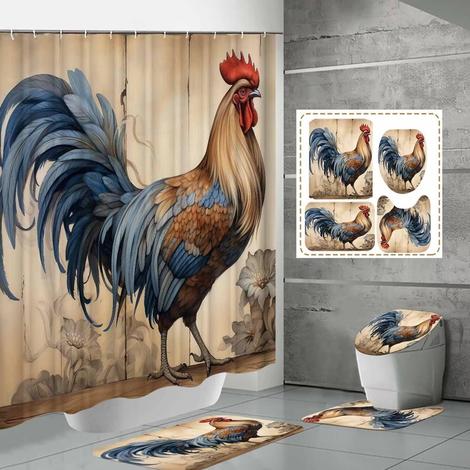 Colorful Blooming Sunflower Chicken Shower Curtain Set and Mats Non ...