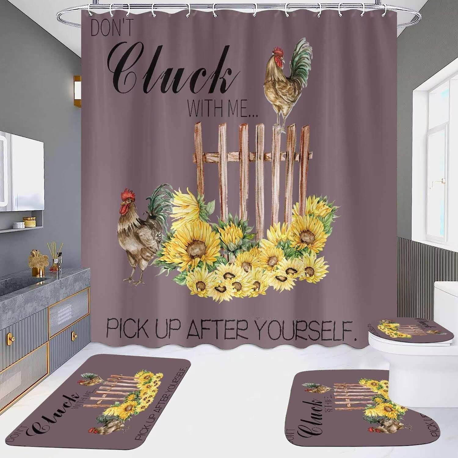 Colorful Blooming Sunflower Chicken Shower Curtain Set and Mats Non ...