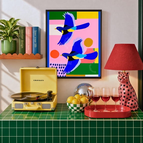 Colorful Blue Bird Wall Art Bold Animal Print Maximalist Home Decor ...