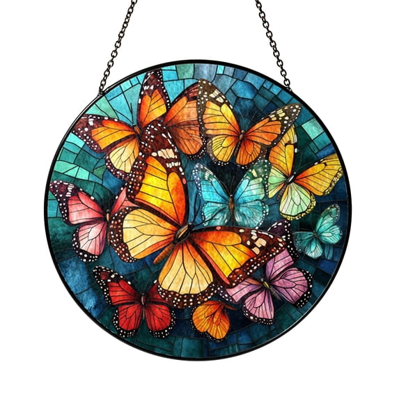 Colorful Blue Butterflies Glass Suncatcher Round Window Hanging, Bright ...