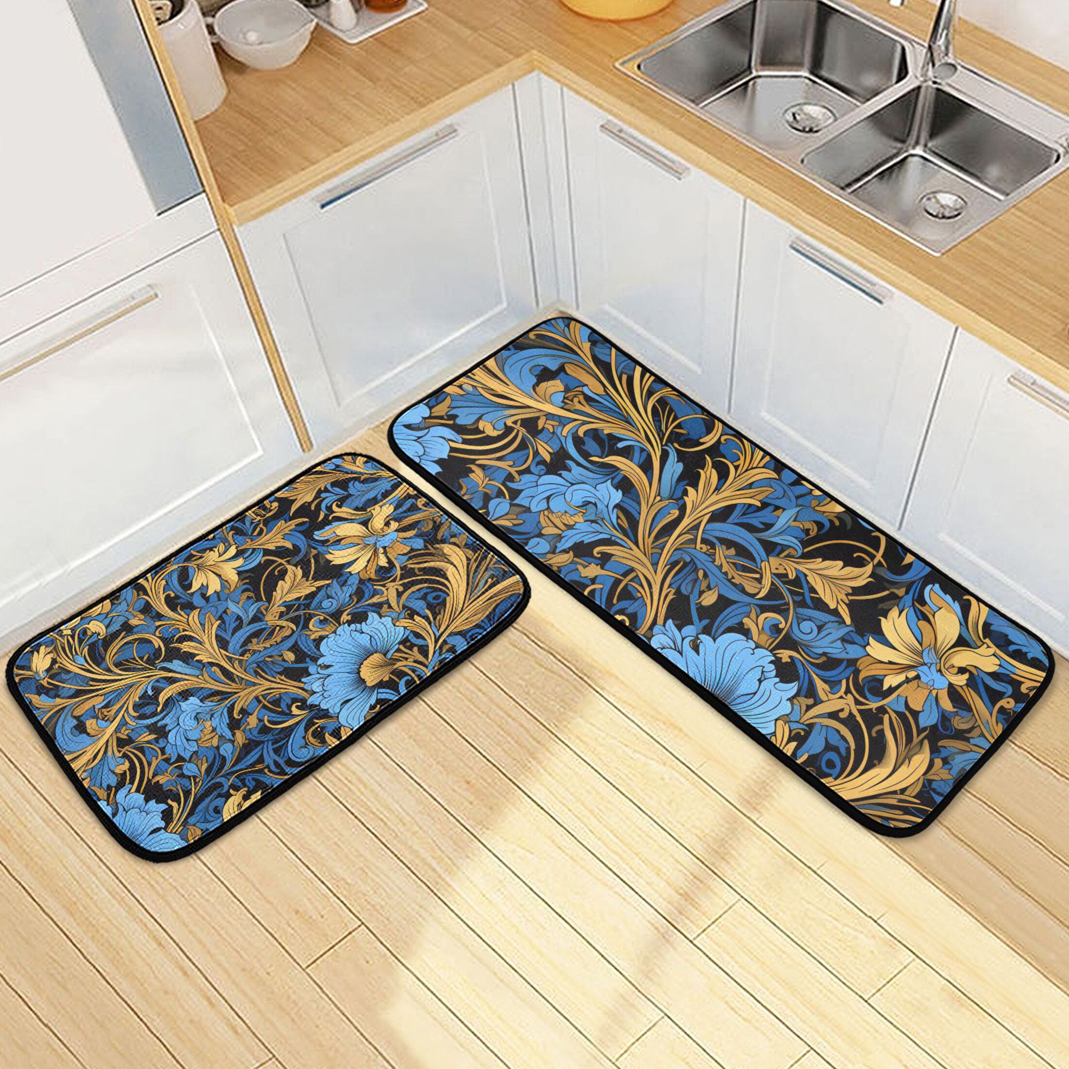 Colorful Blue Flowers Kitchen Mats Set 2 Piece Non Slip Floor Foam Rugs ...