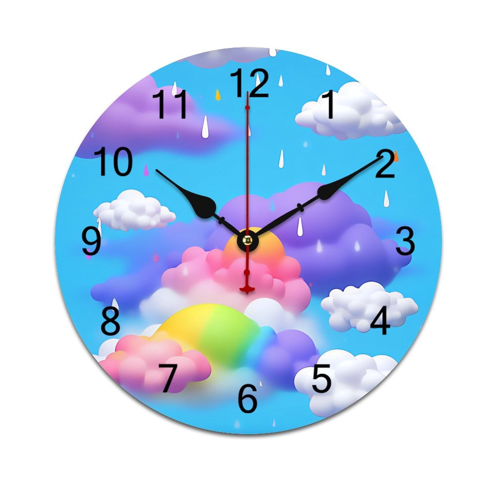 Colorful Blue Sky, Clouds, Rainbow Printed Silent Wall Clock Round ...