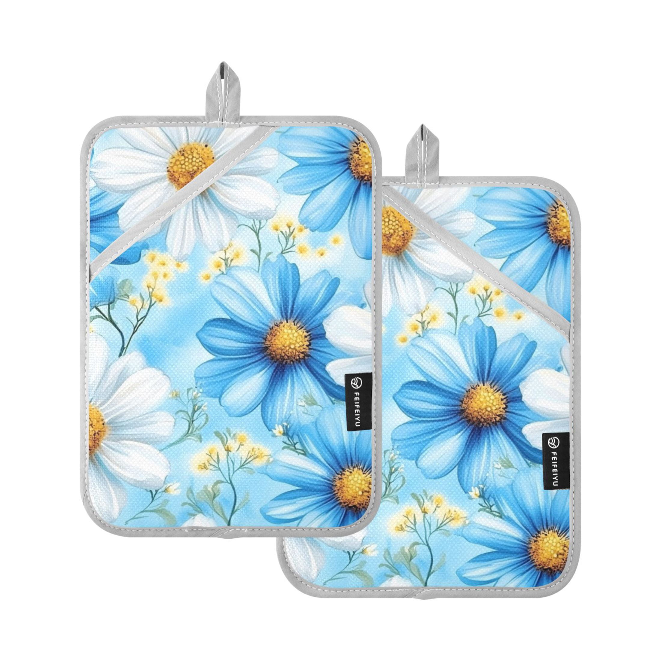 Colorful Blue and White Floral Oven Mitts Pot Holders 2 pcs Heat ...