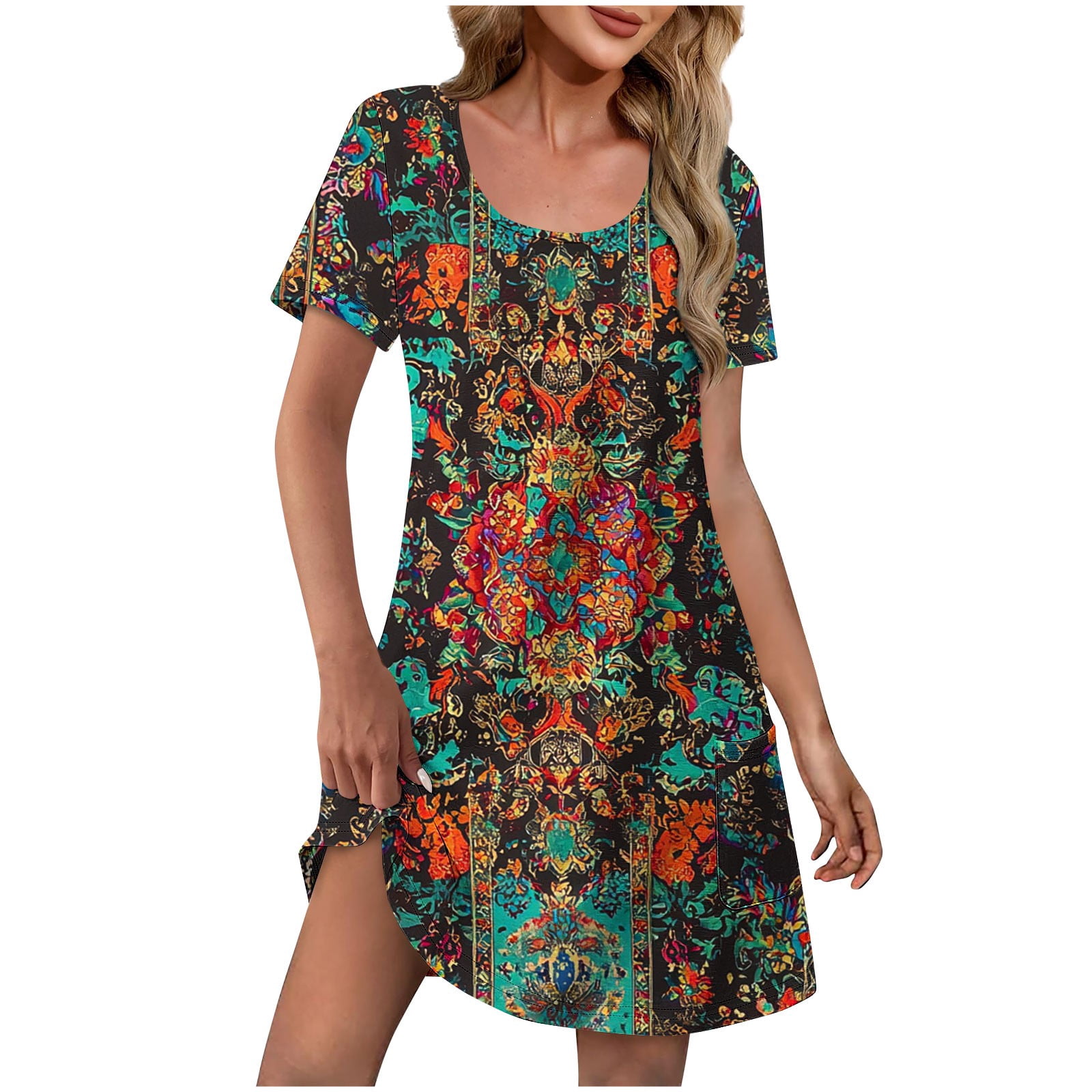 Colorful Boat Vneck Neck Sun Dresses for Ladies Fall Summer Short ...